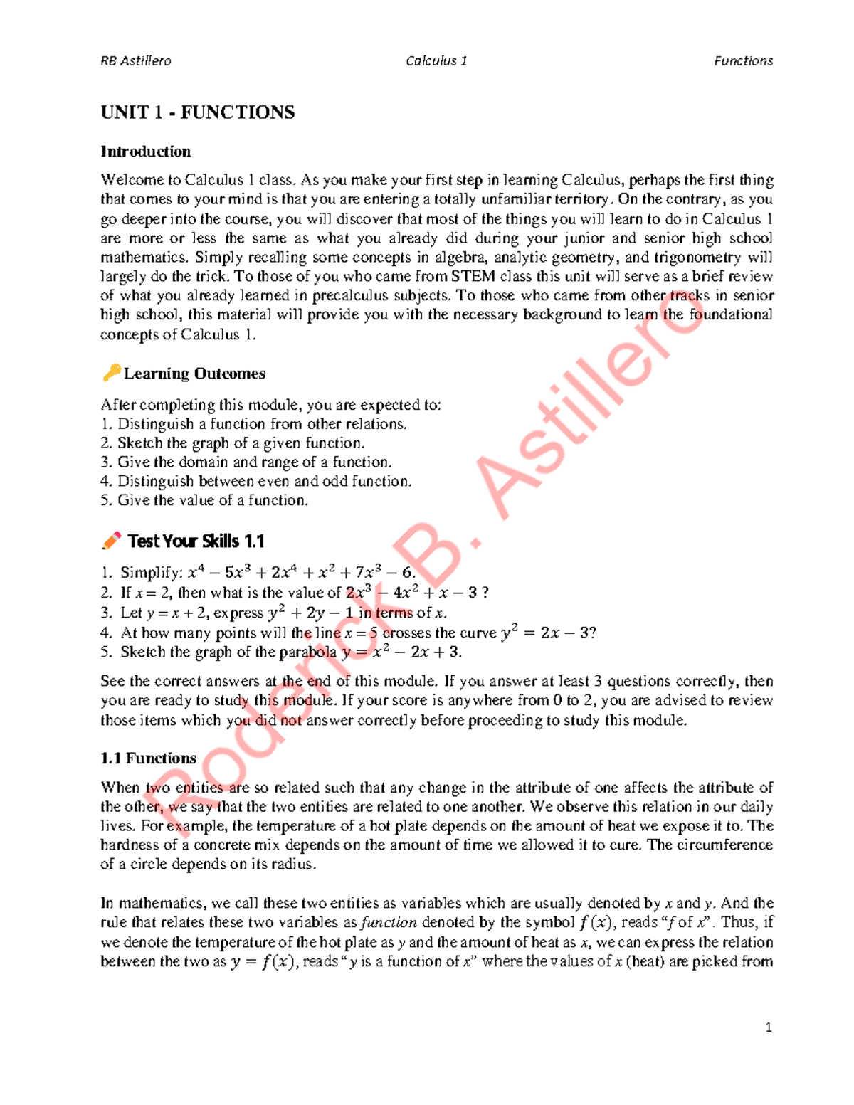 LMS1 Functions - Kaya mo yan - UNIT 1 - FUNCTIONS Introduction Welcome ...