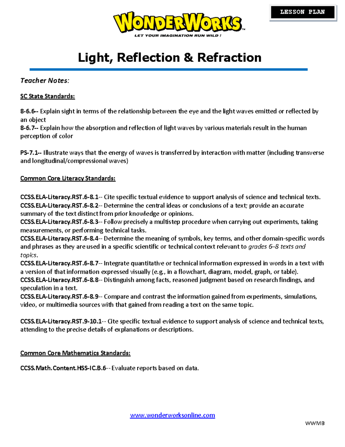 Light Reflection Refraction Lesson Plan - wonderworksonline Light ...