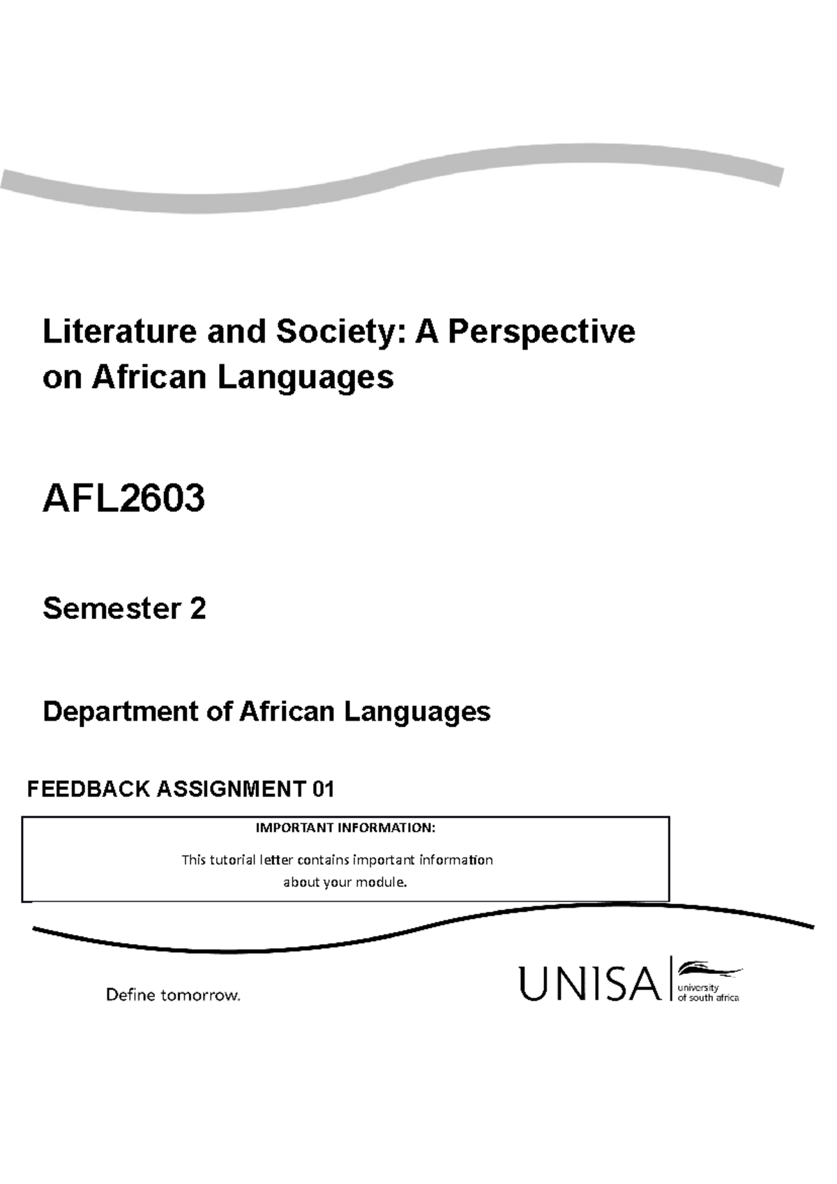 AFL2603-2-2 - Zulu - Literature and Society: A Perspective on African Languages AFL Semester 2 ...