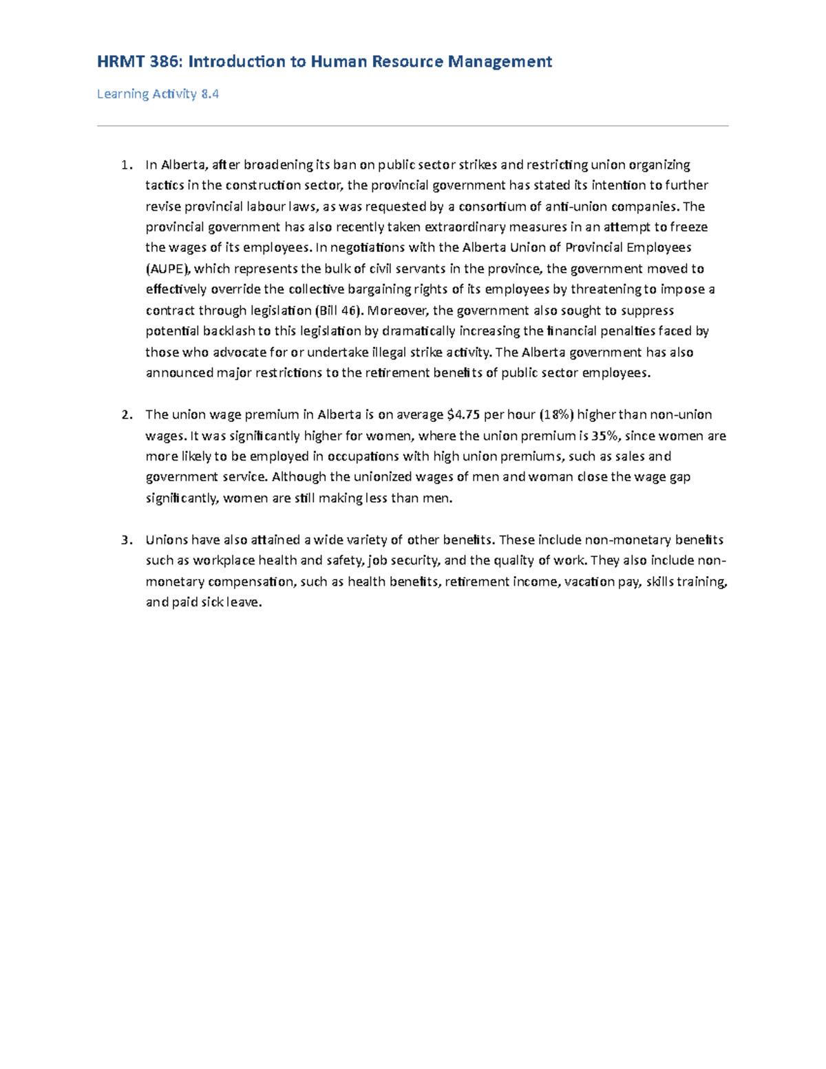 Activity 8.4: On the Job Report - HRMT 386: Introduction to Human ...