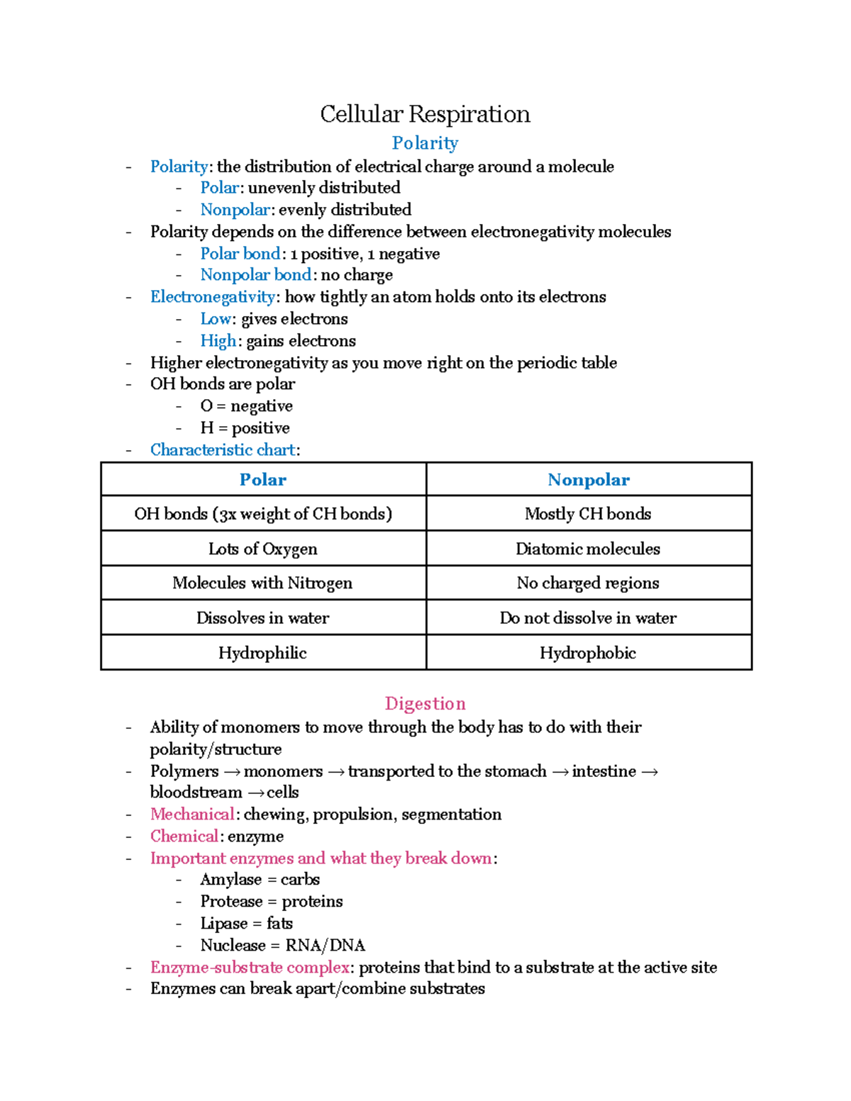 1108 Test 3 - Barb - Cellular Respiration Polarity - Polarity: the ...