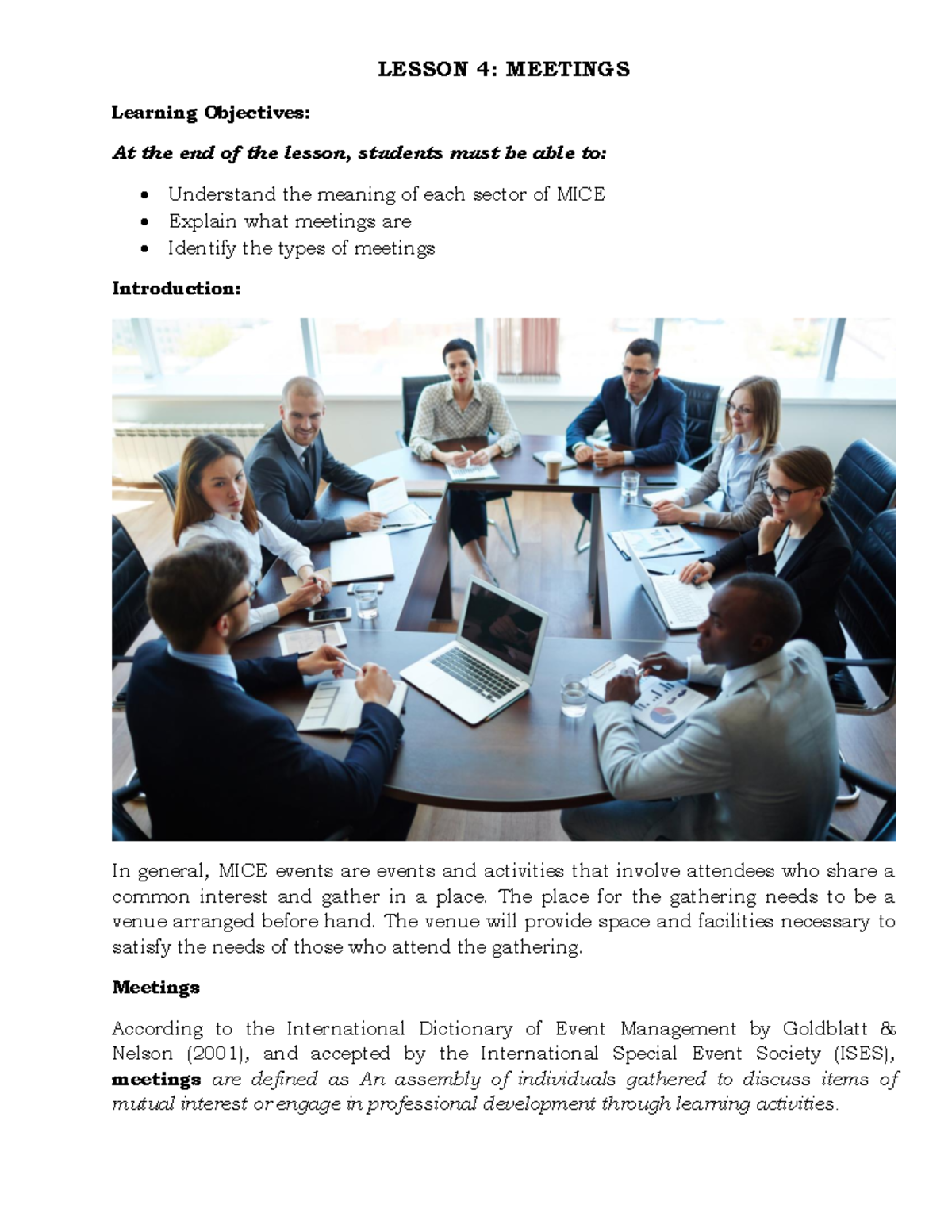 Lesson 4- Meetings - zch - LESSON 4: MEETINGS Learning Objectives: At ...