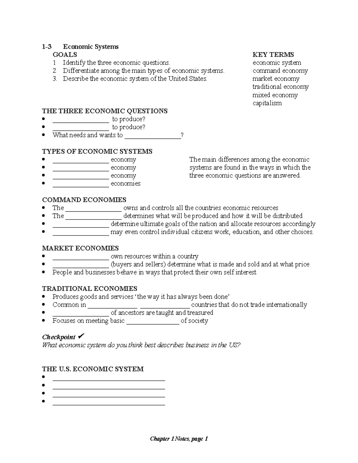 1.3 Guided Notes - 1-3 Economic Systems GOALS 1 Identify the three ...
