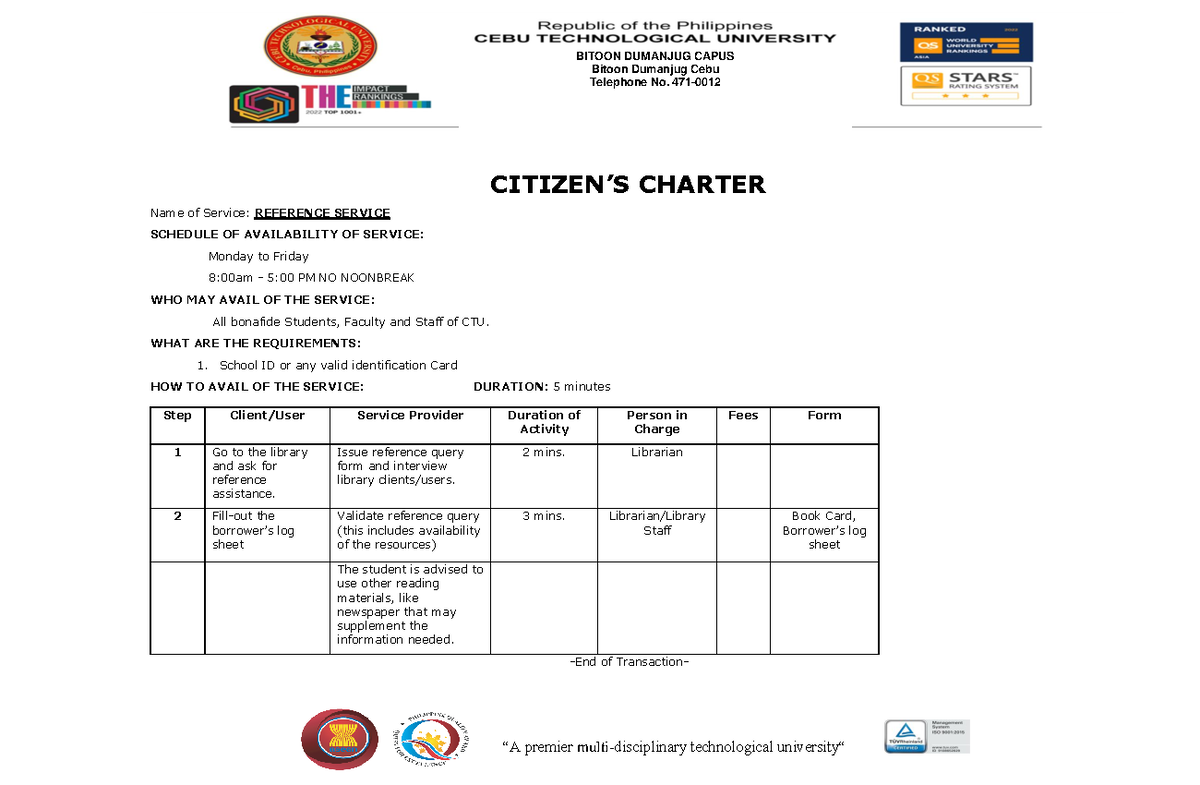 Citizens-charter - gOOD - LIBRARY Bitoon Dumanjug Cebu Telephone No. 471- 0012 CITIZEN’S CHARTER ...