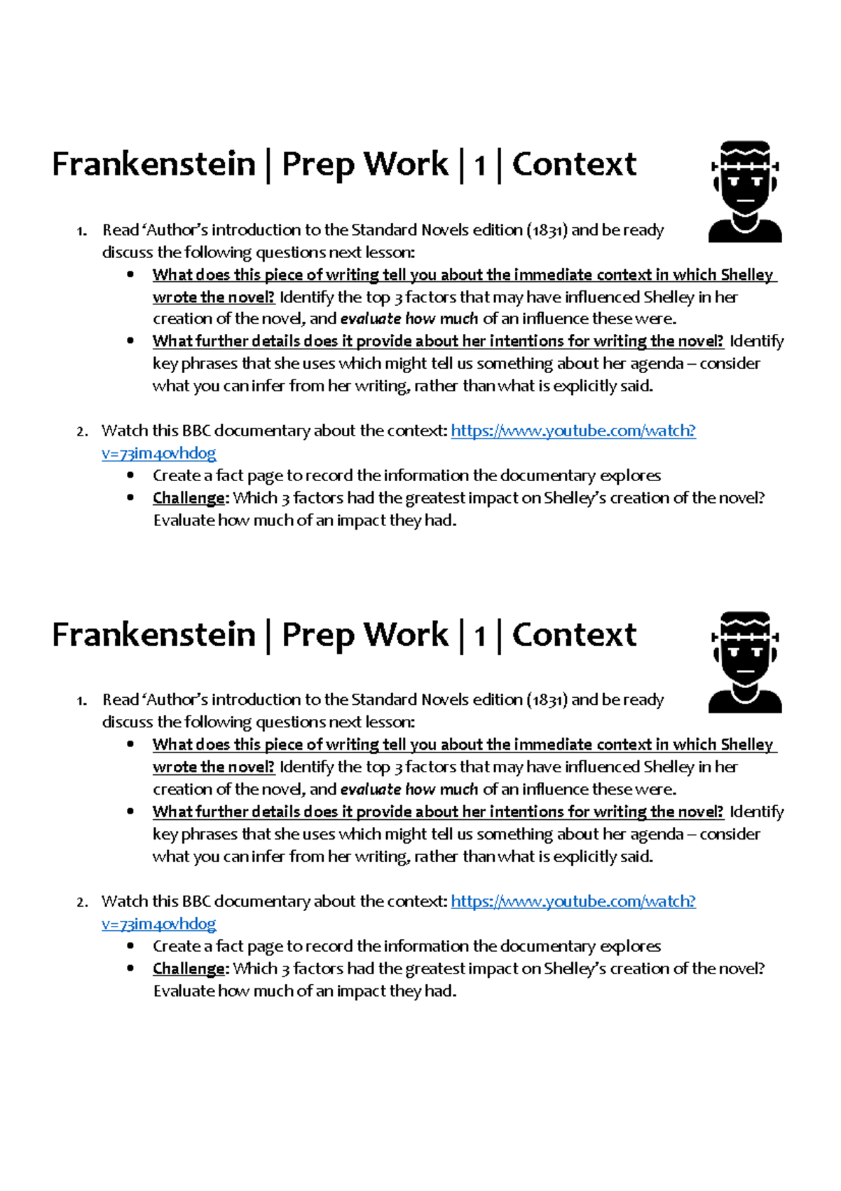02 Homework - consolidating context - Frankenstein | Prep Work | 1 ...