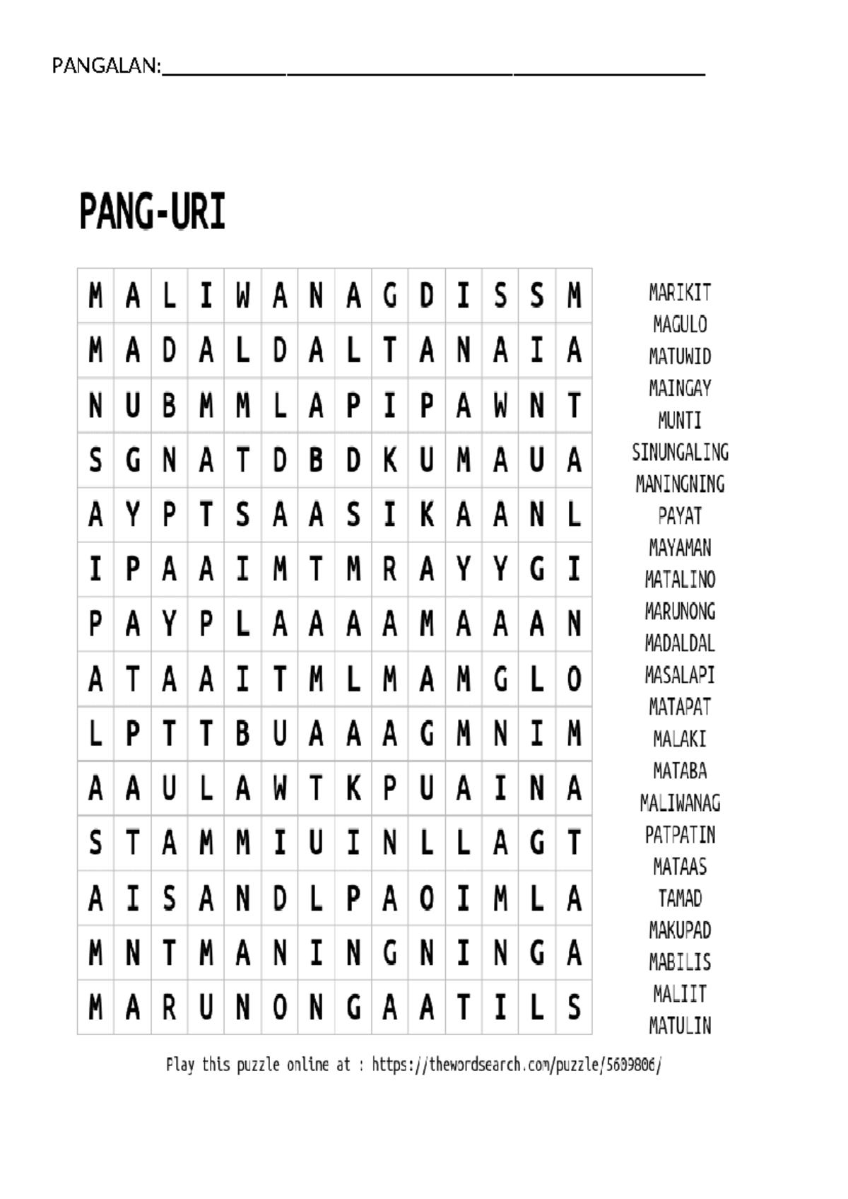 Pang-uri word - worksheet - Bachelor of Science in Elementary Education ...