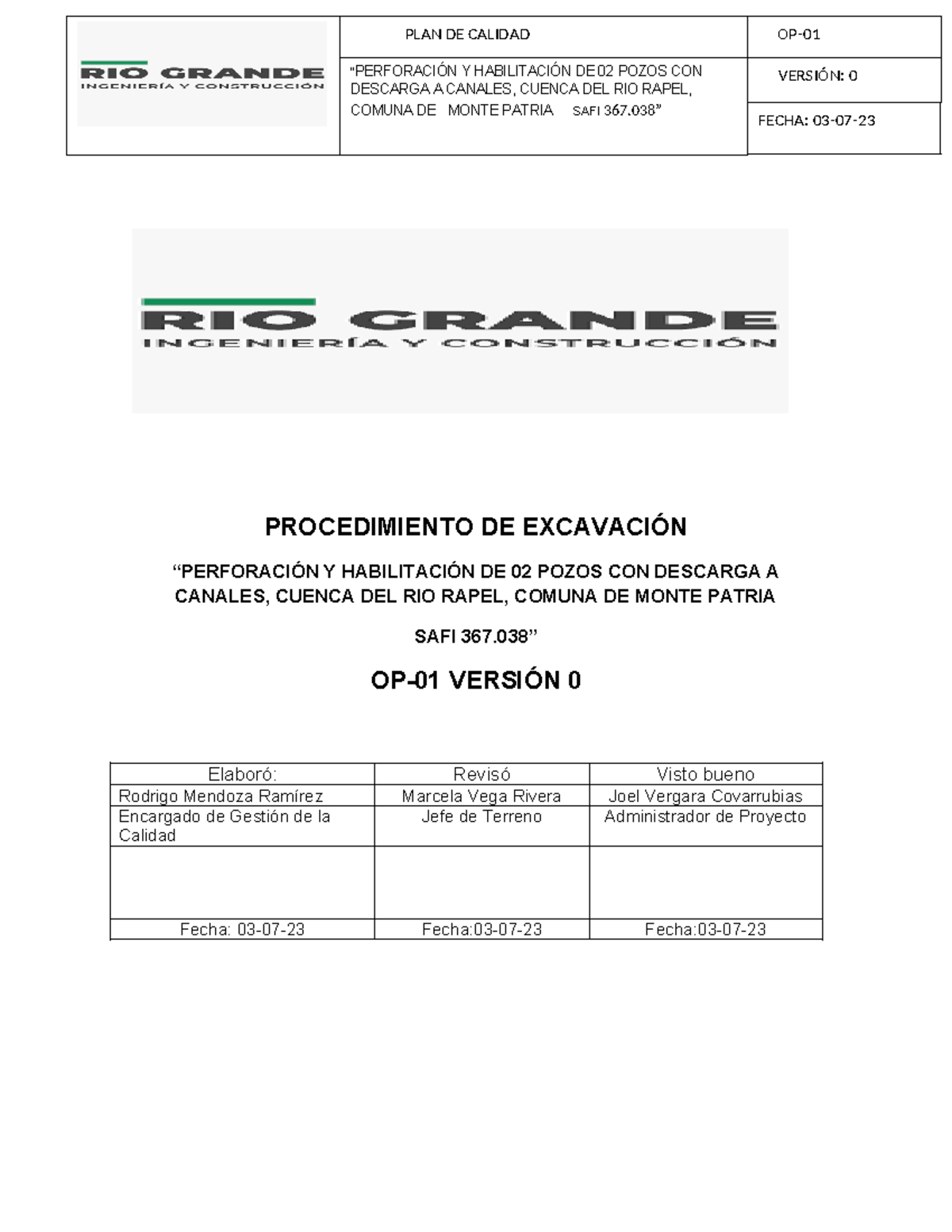 Procedimiento Excavaciones 0P 01 - “PERFORACIÓN Y HABILITACIÓN DE 02 ...