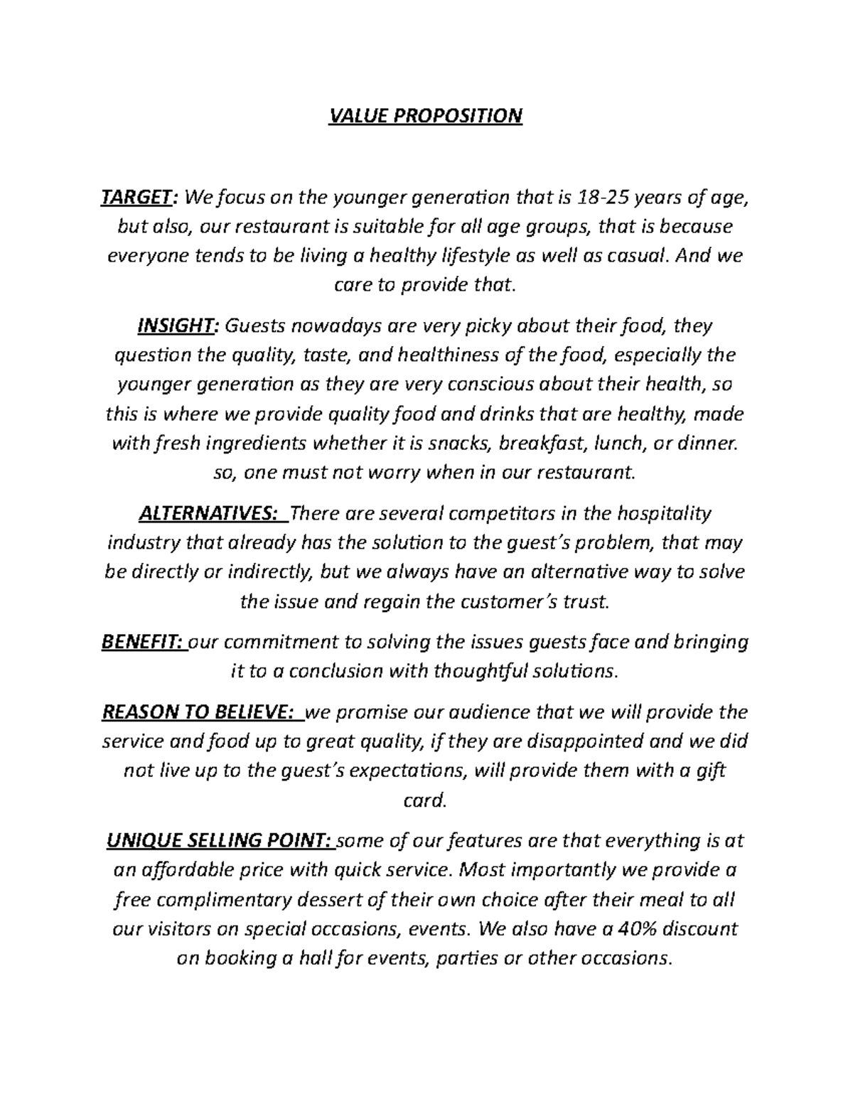 Value Proposition - sample assignment answer for everyone xxx - VALUE PROPOSITION TARGET: We ...