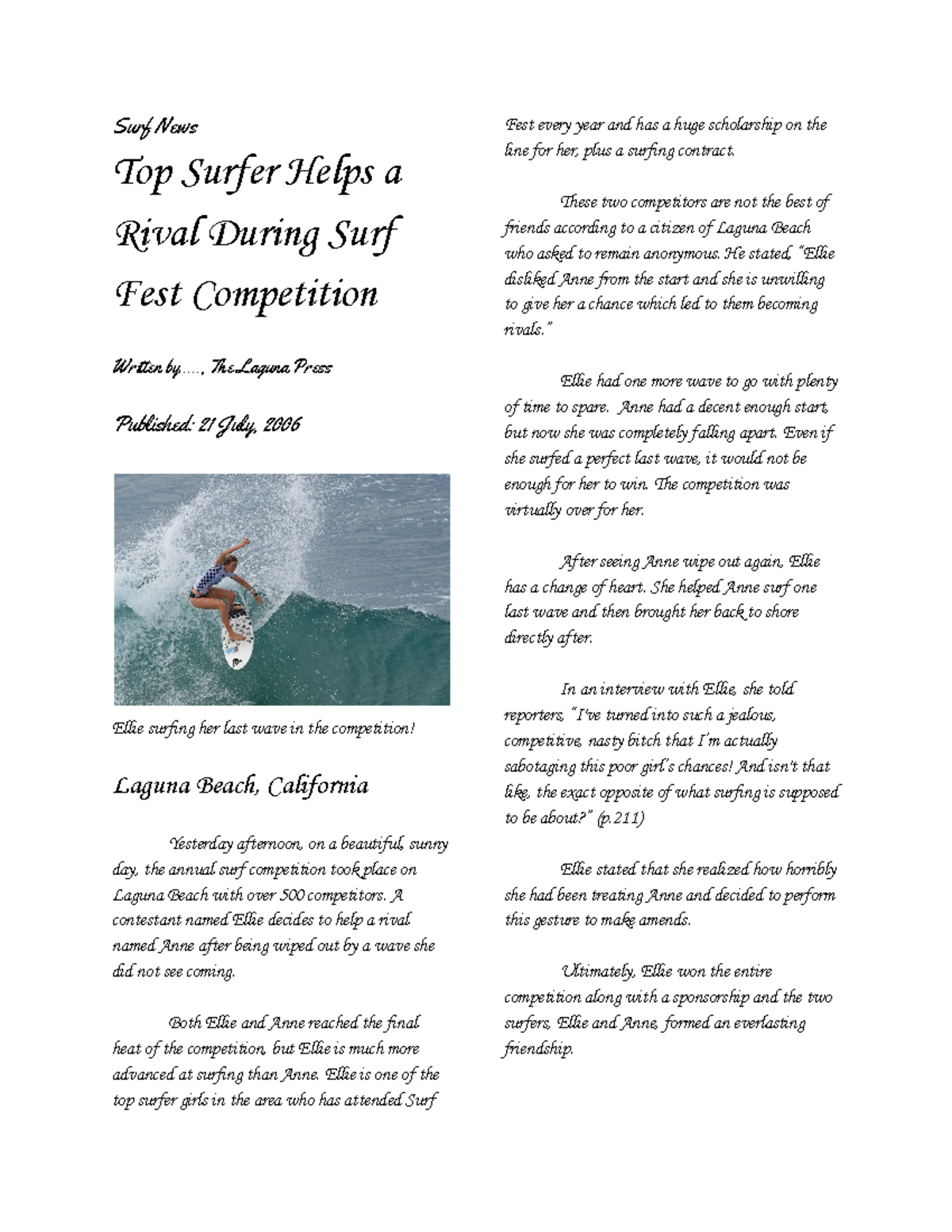 CPT News Report - Laguna Cove - Surf News Top Surfer Helps a Rival ...