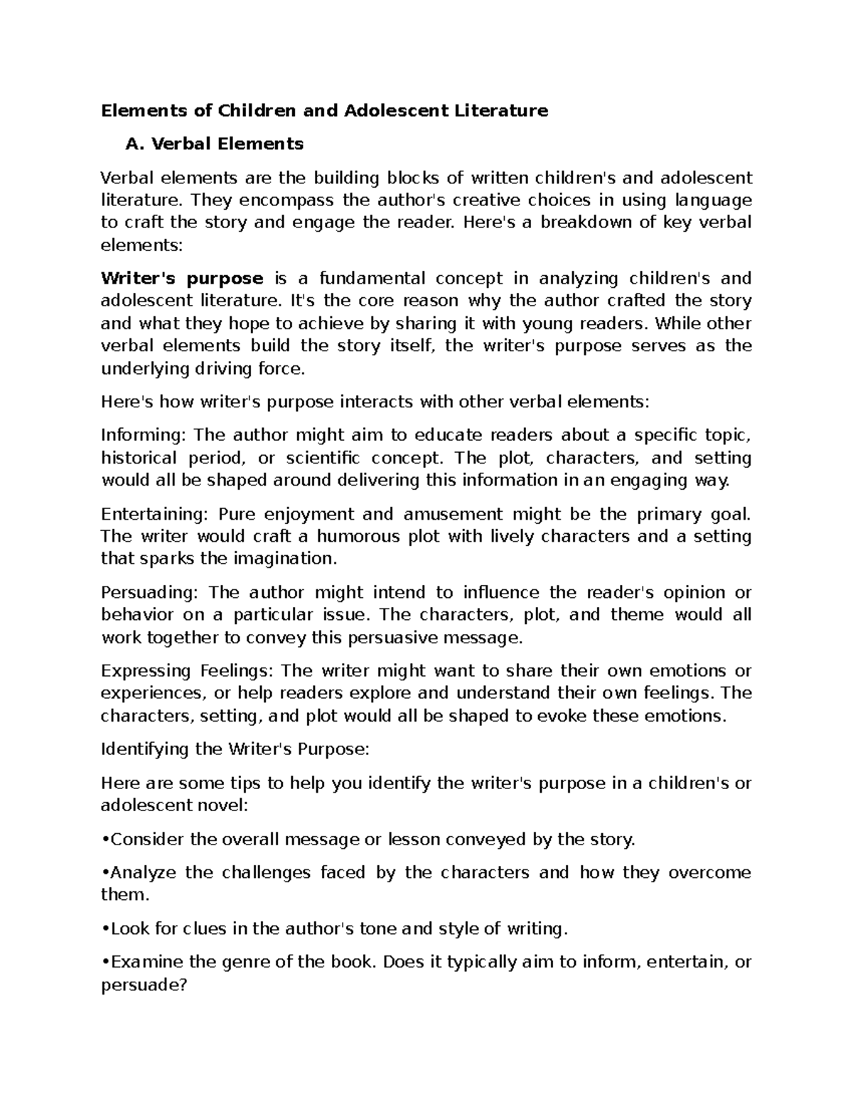 Elements of Children - Verbal Elements Verbal elements are the building ...