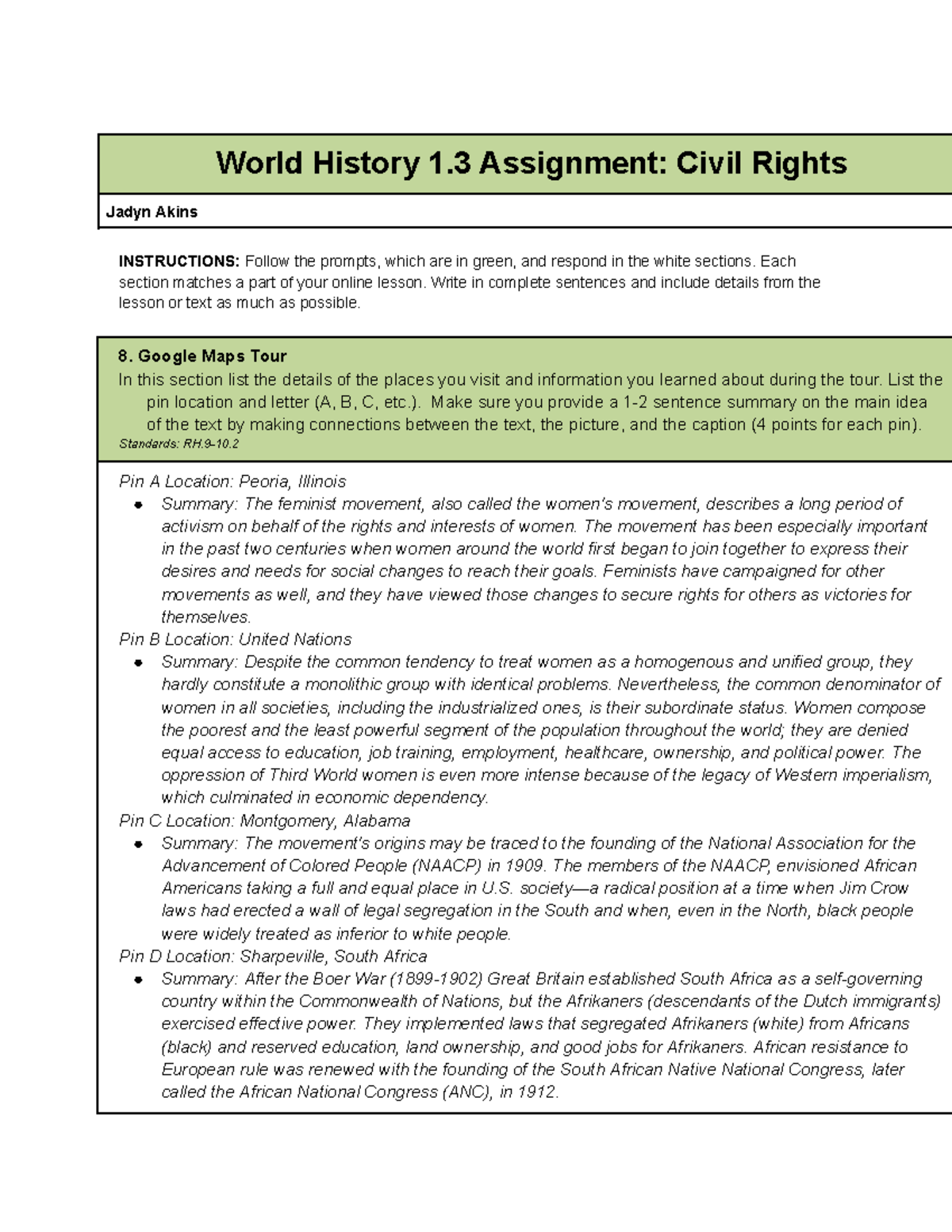 1.3 Civil Rights - work - World History 1 Assignment: Civil Rights ...