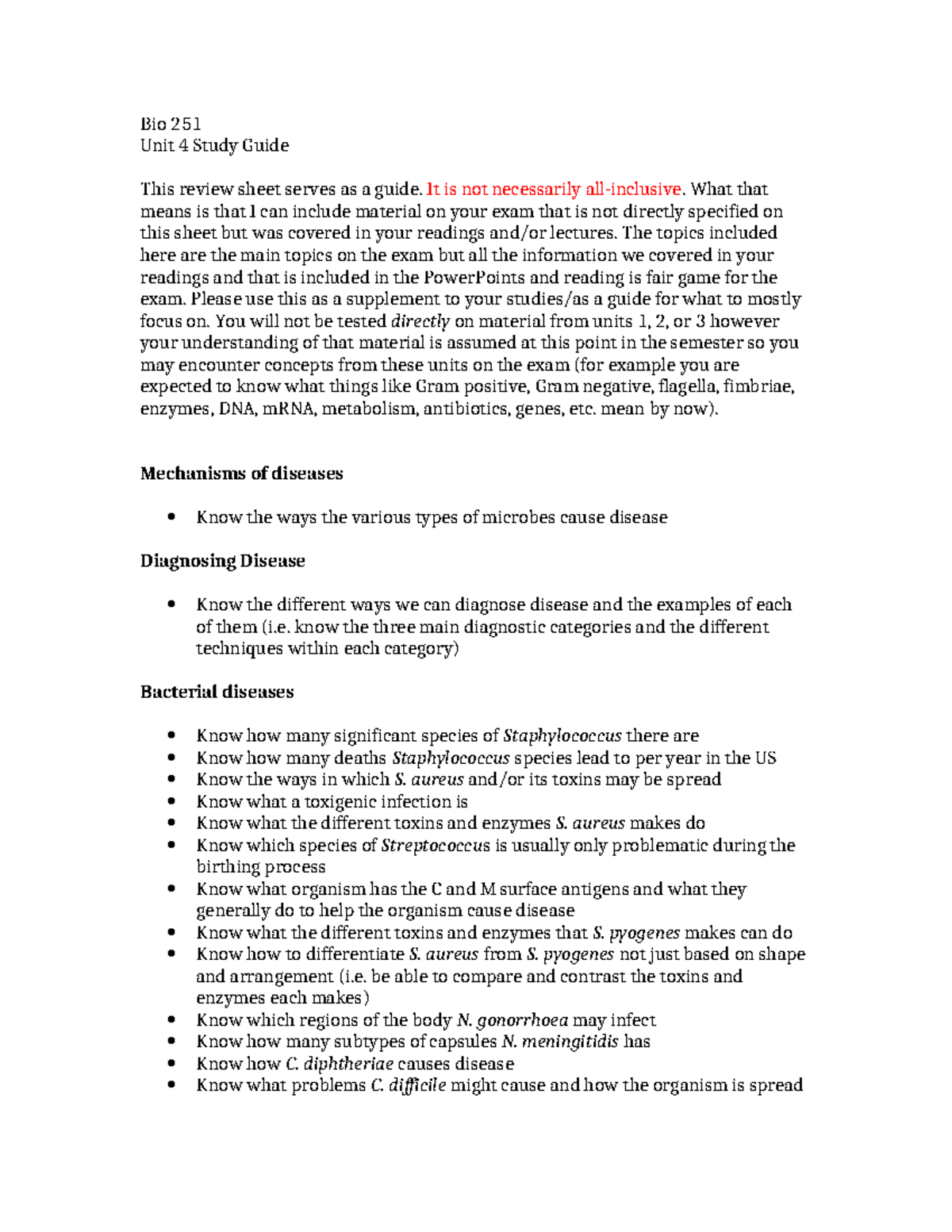 Unit 4 Review Sheet 0 - Bio 251 Unit 4 Study Guide This review sheet ...