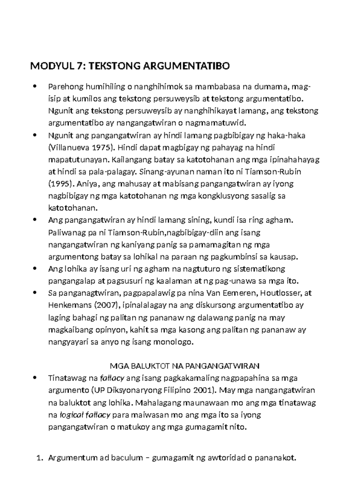 Modyul 7 - WDUDHDHIWDPJPJDOP - MODYUL 7: TEKSTONG ARGUMENTATIBO ...
