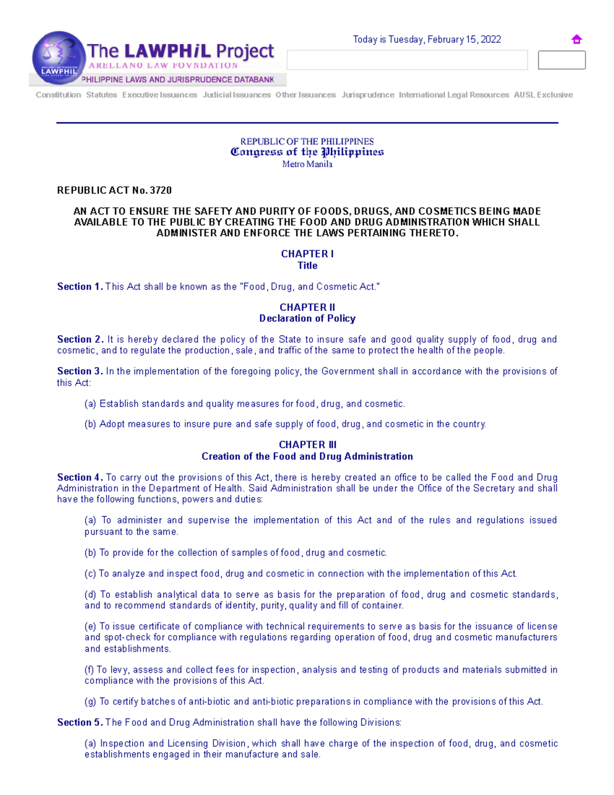 Republic Act No 3720 ConstitutionStatutes Executive IssuancesJudicial