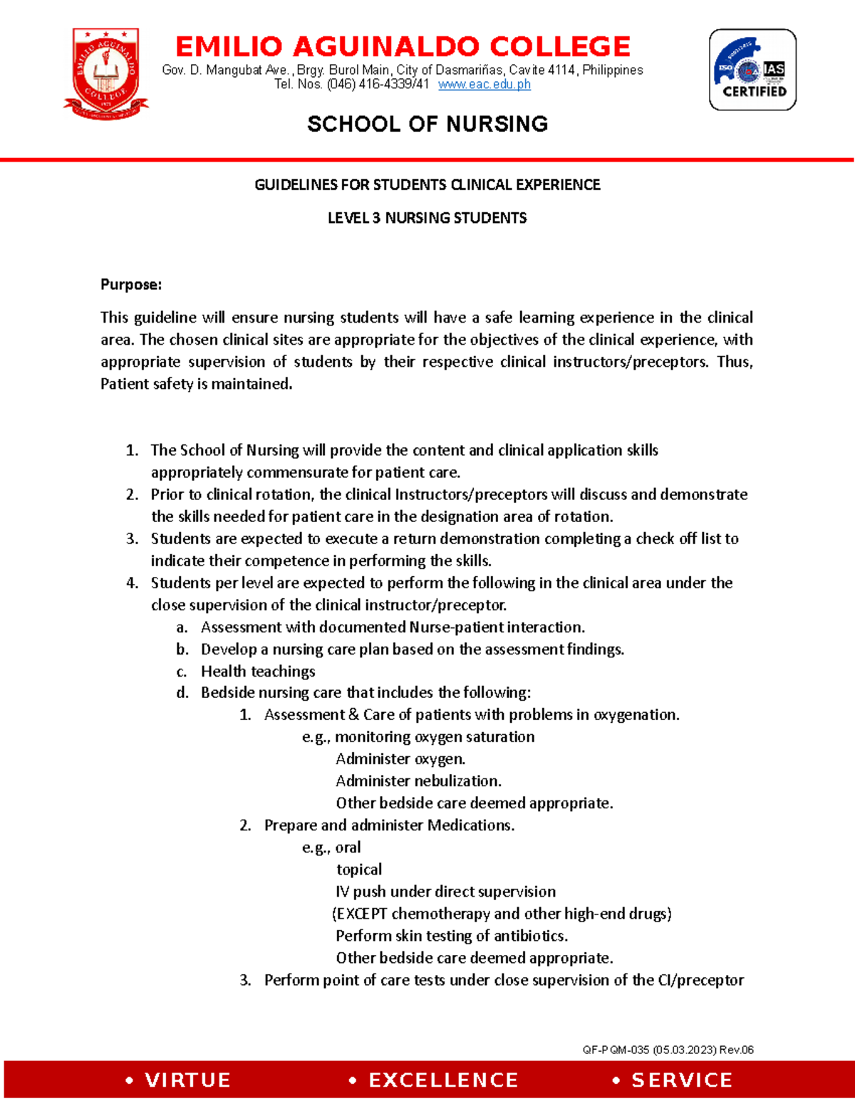 Guidelines FOR Students Clinical Experience level 3 - EMILIO AGUINALDO ...