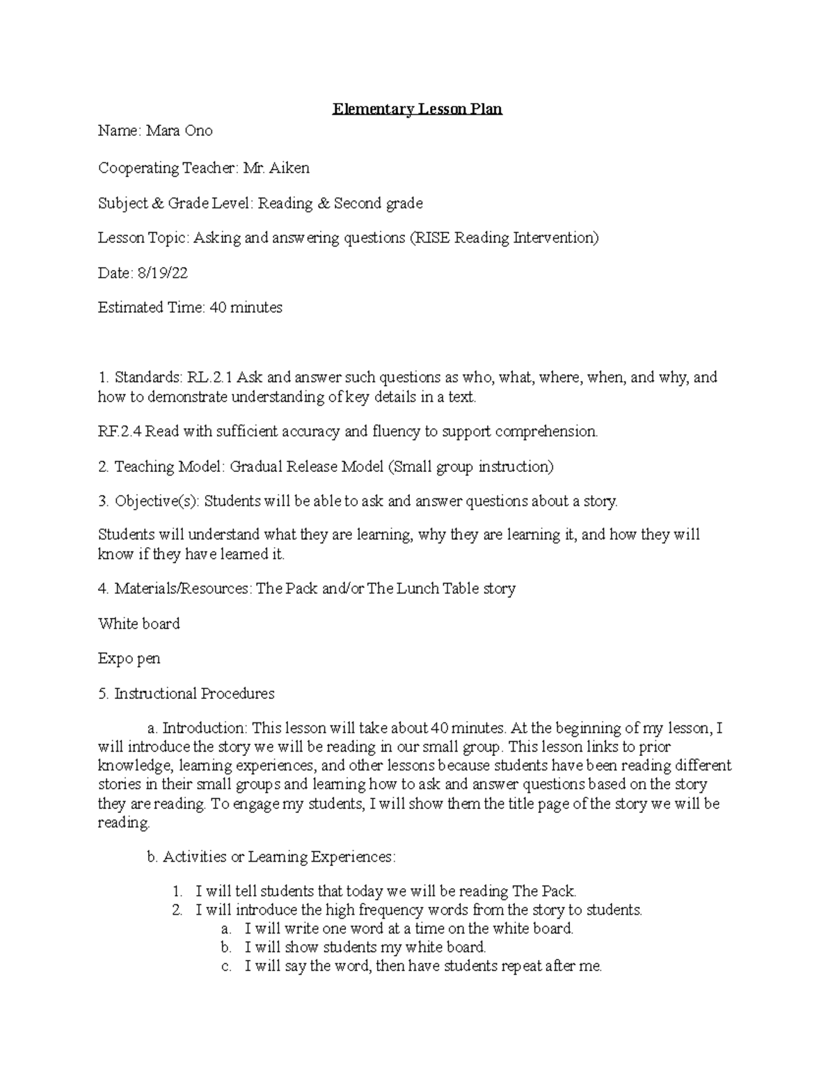 Lesson Plan #1 Reading - Elementary Lesson Plan Name: Mara Ono ...