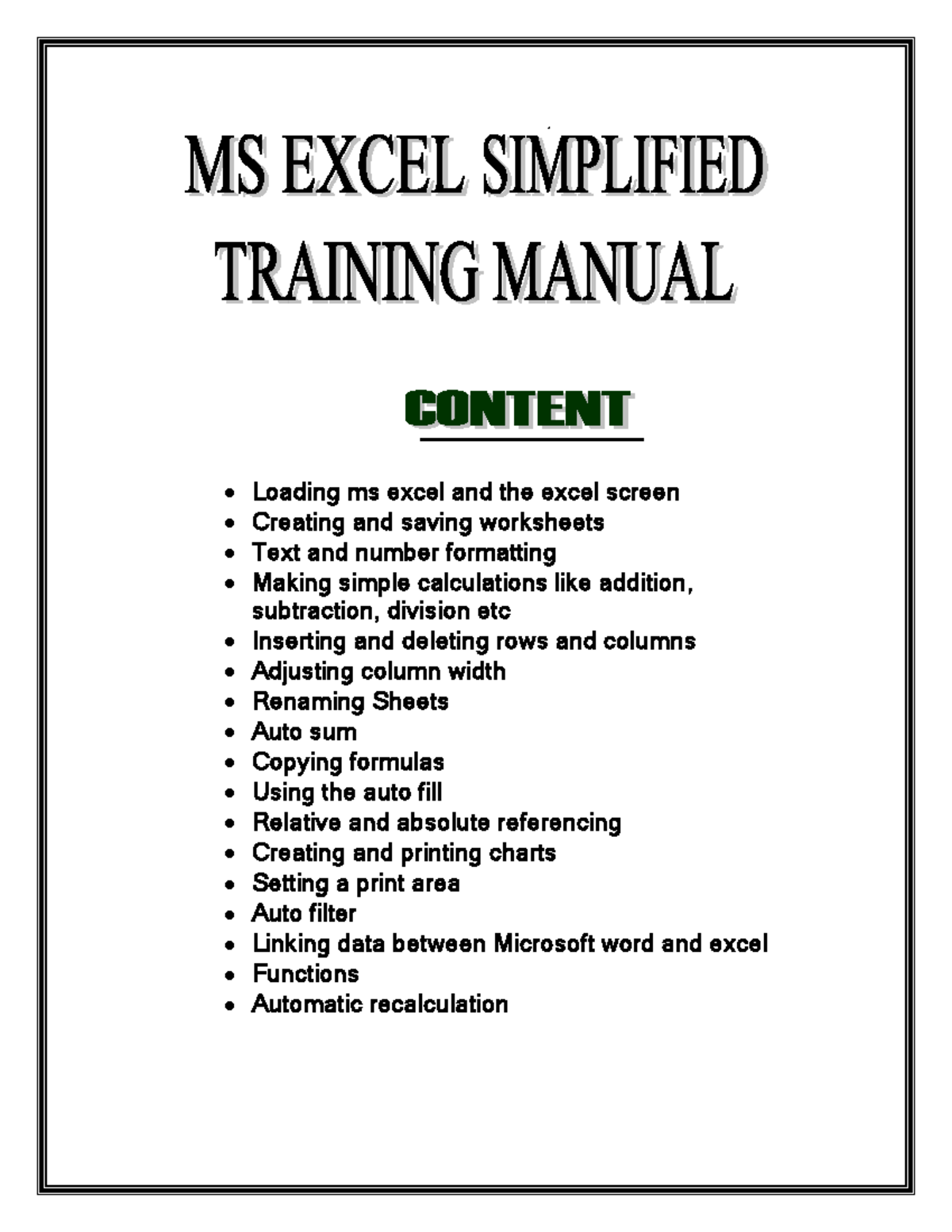 MS Excell Training Manual - . Loading ms excel and the excel screen ...