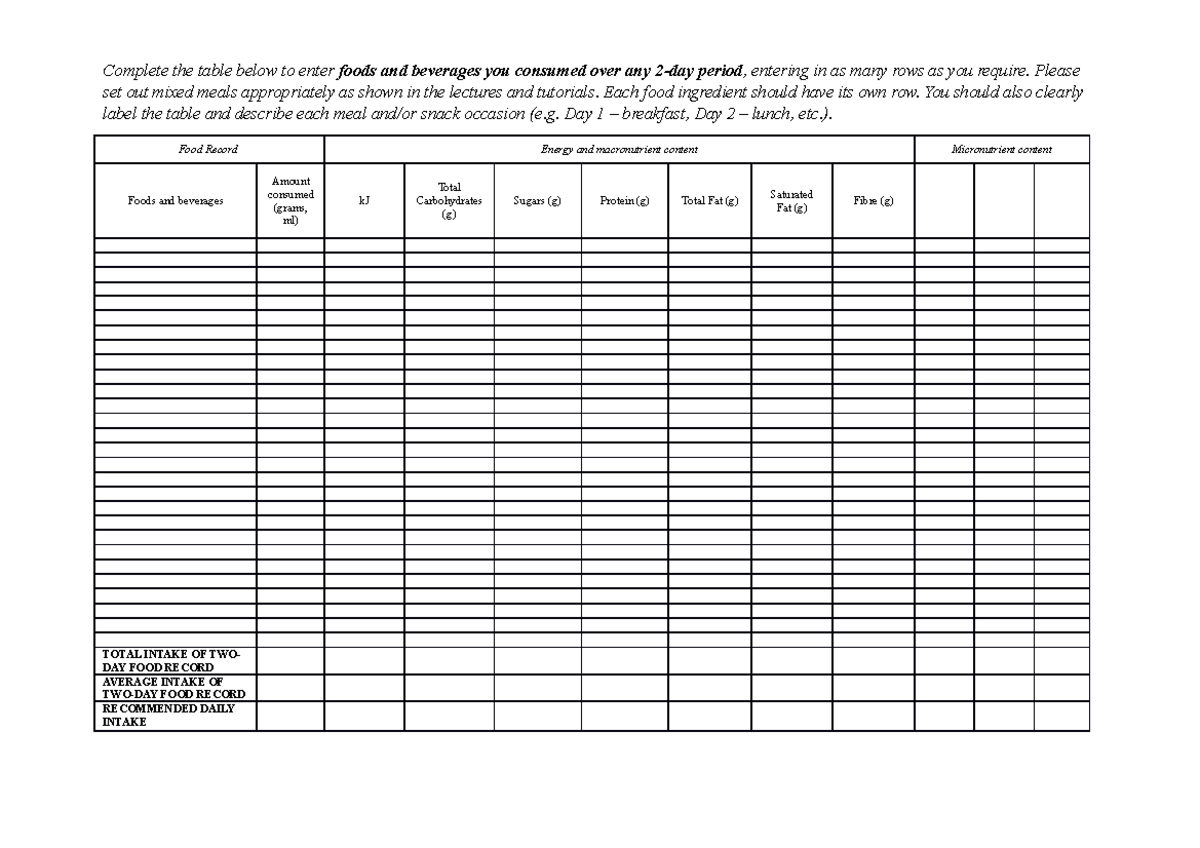 2 day food record table-1-1 - Complete the table below to enter foods ...