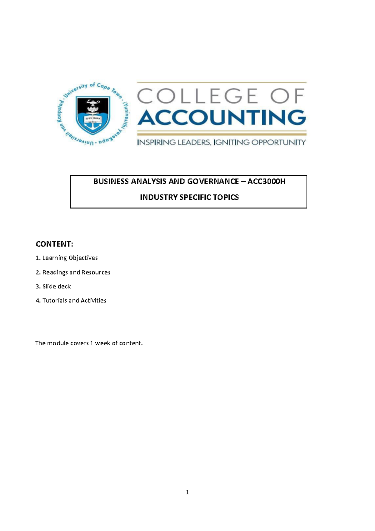 ACC3000H Industry Specific Topics Module - BUSINESS ANALYSIS AND ...