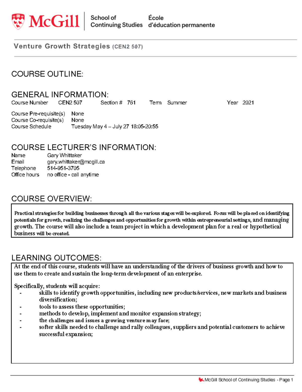 Course Outline CEN2 507 - COURSE OUTLINE: GENERAL INFORMATION: Course ...