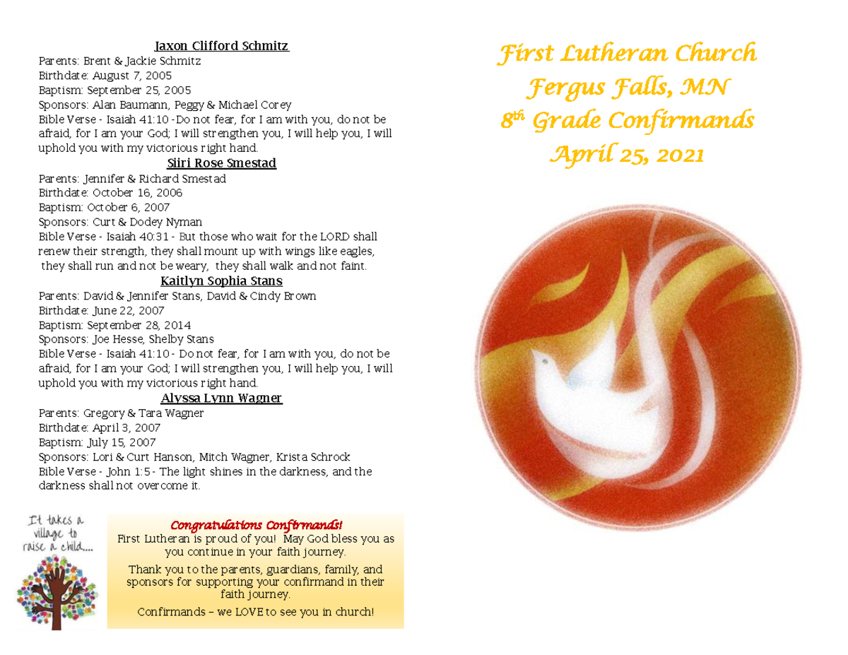 Confirmand Names April 25 2021 - Jaxon Clifford Schmitz Parents: Brent ...