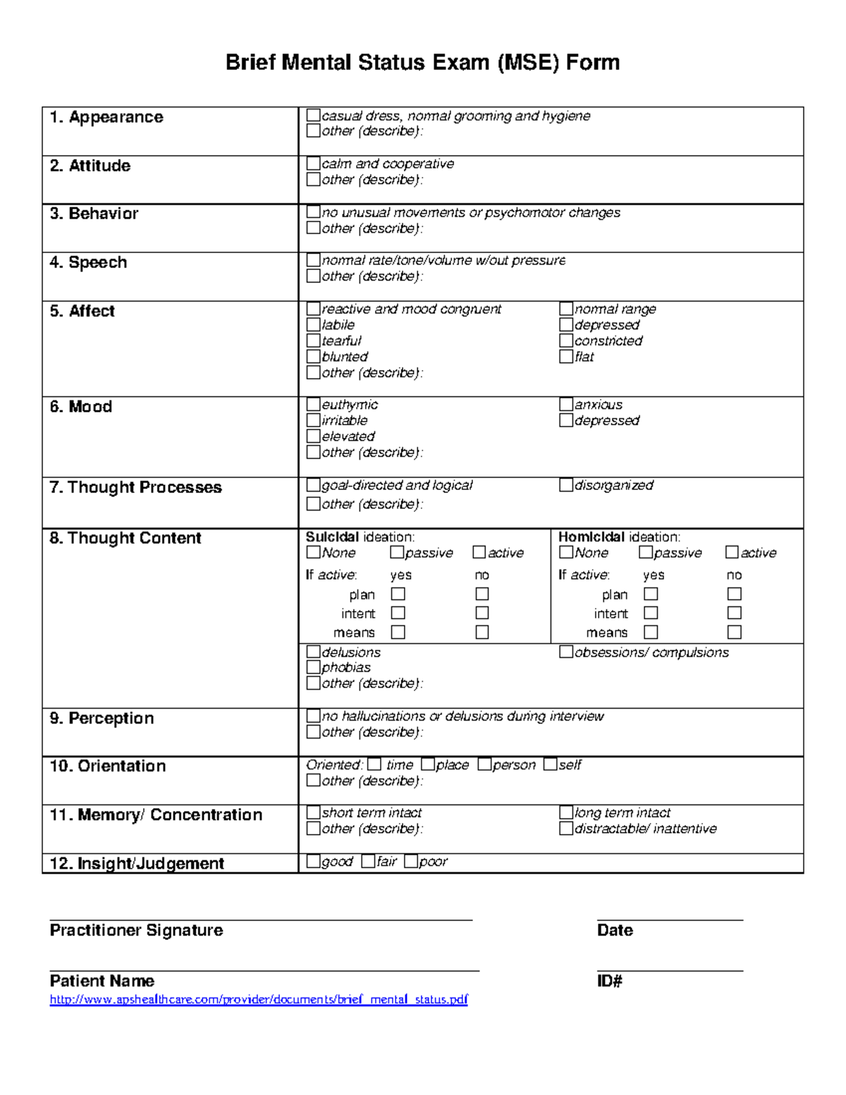 Brief mental status exam - Brief Mental Status Exam (MSE) Form 1 ...
