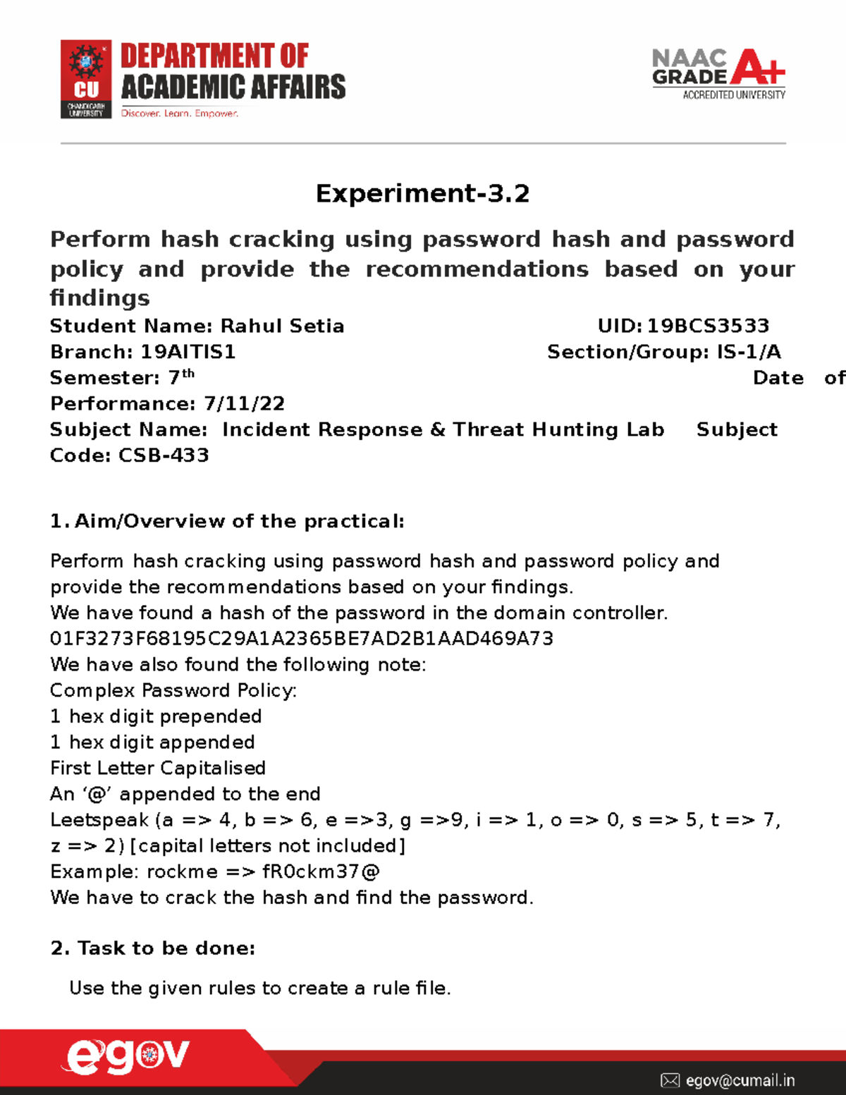 Rahul Setia IRTH 9 - Lab - Experiment-3. Perform hash cracking using ...