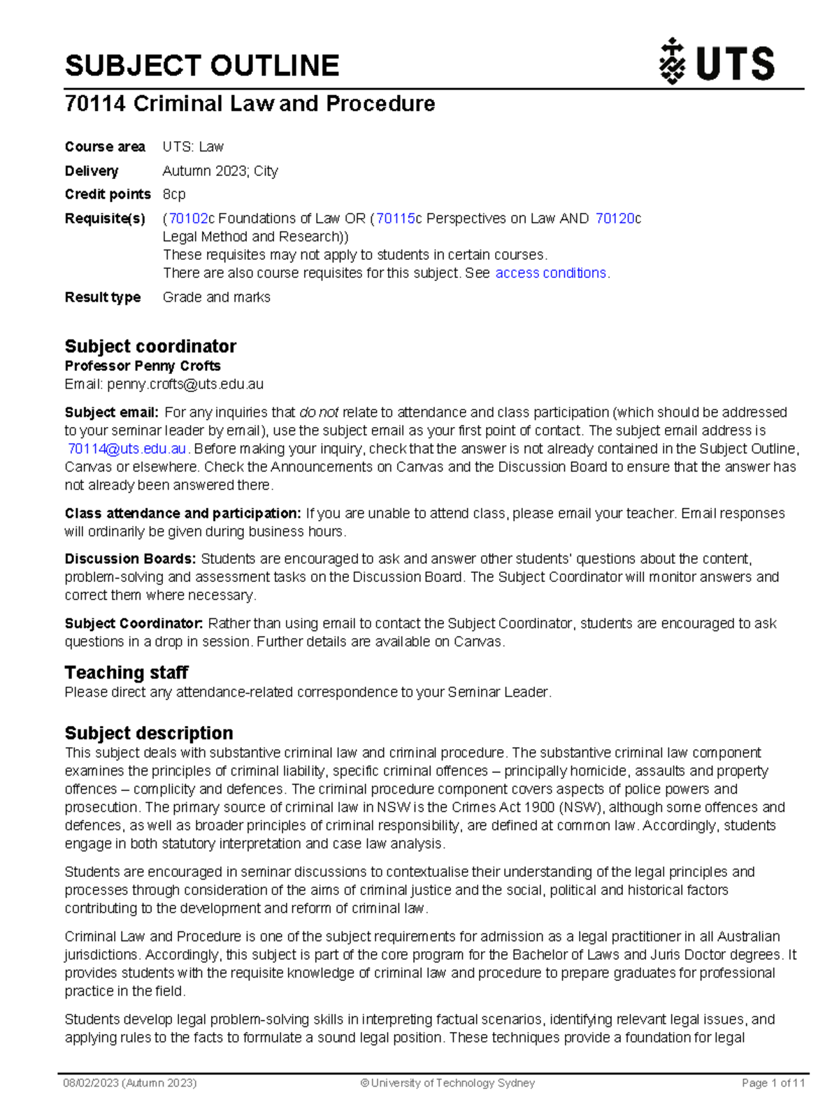 Criminal law - Subject outline - SUBJECT OUTLINE 70114 Criminal Law and ...