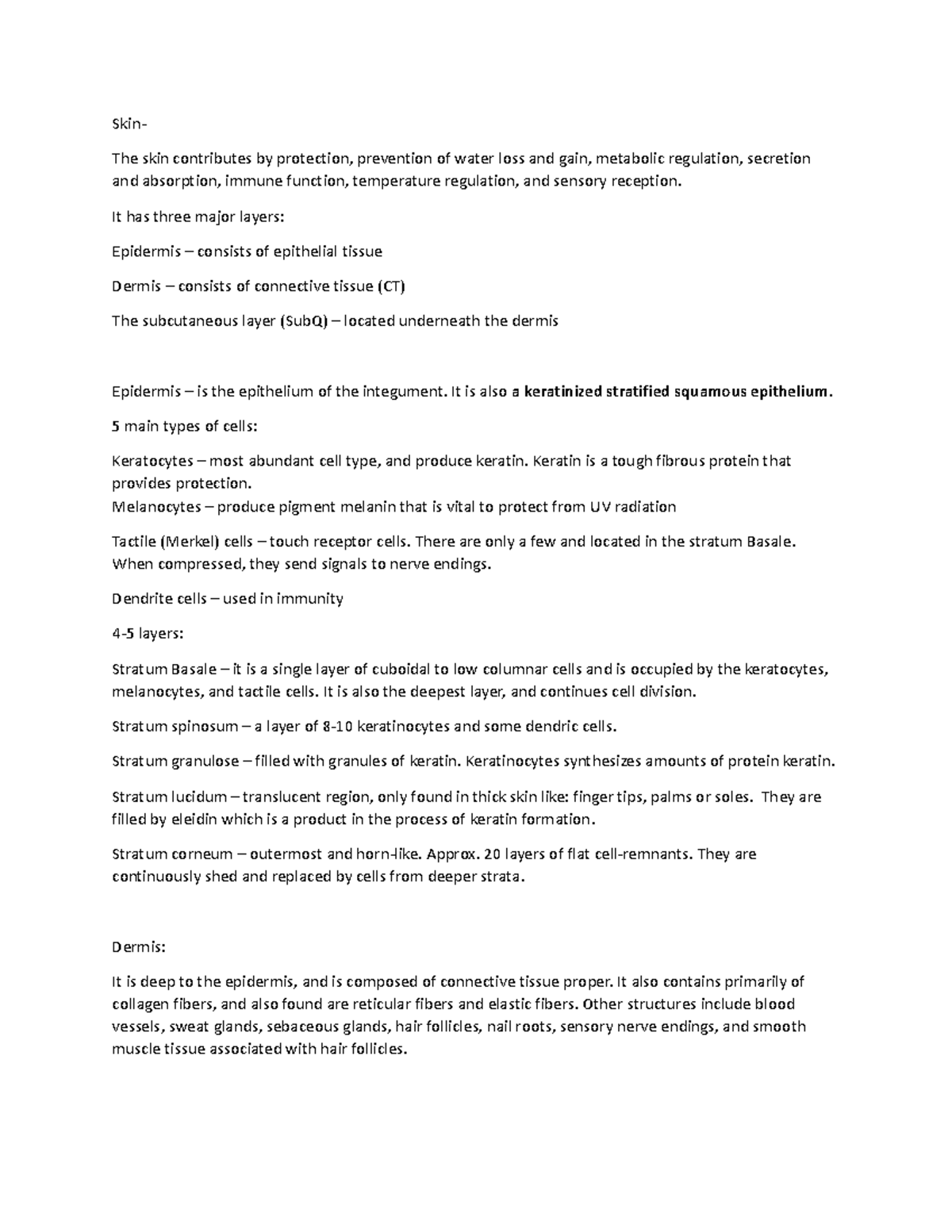 Notes for BIo week 3 Skin - Skin- The skin contributes by protection ...