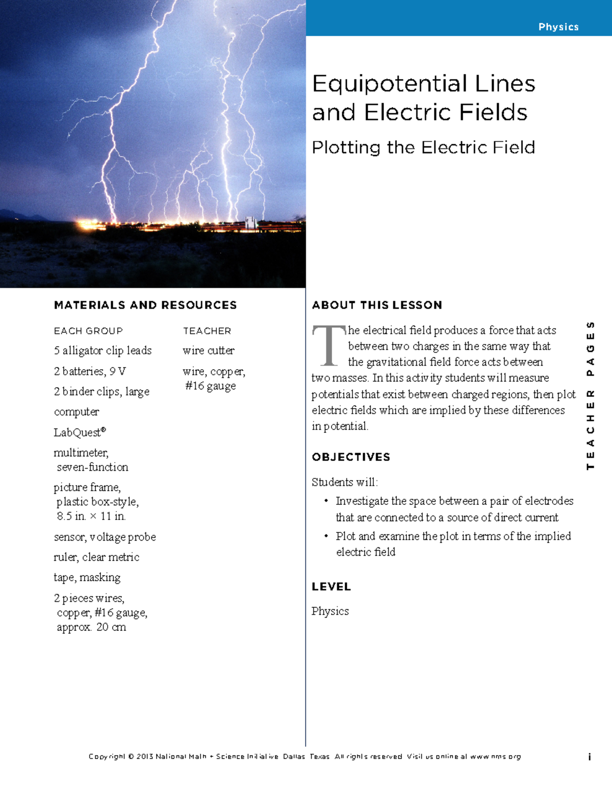 PHYS Equipotential Lines and Electric Fields - T E A C H E R P A G E S ...