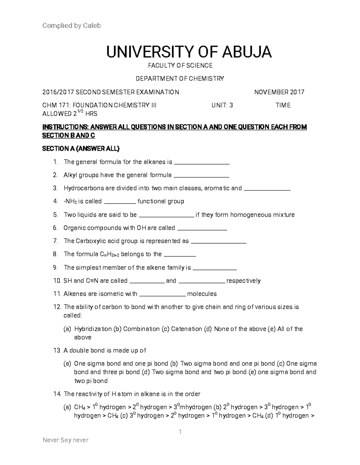Chem171 exam past question and answer by caleb - ####### 1 ...