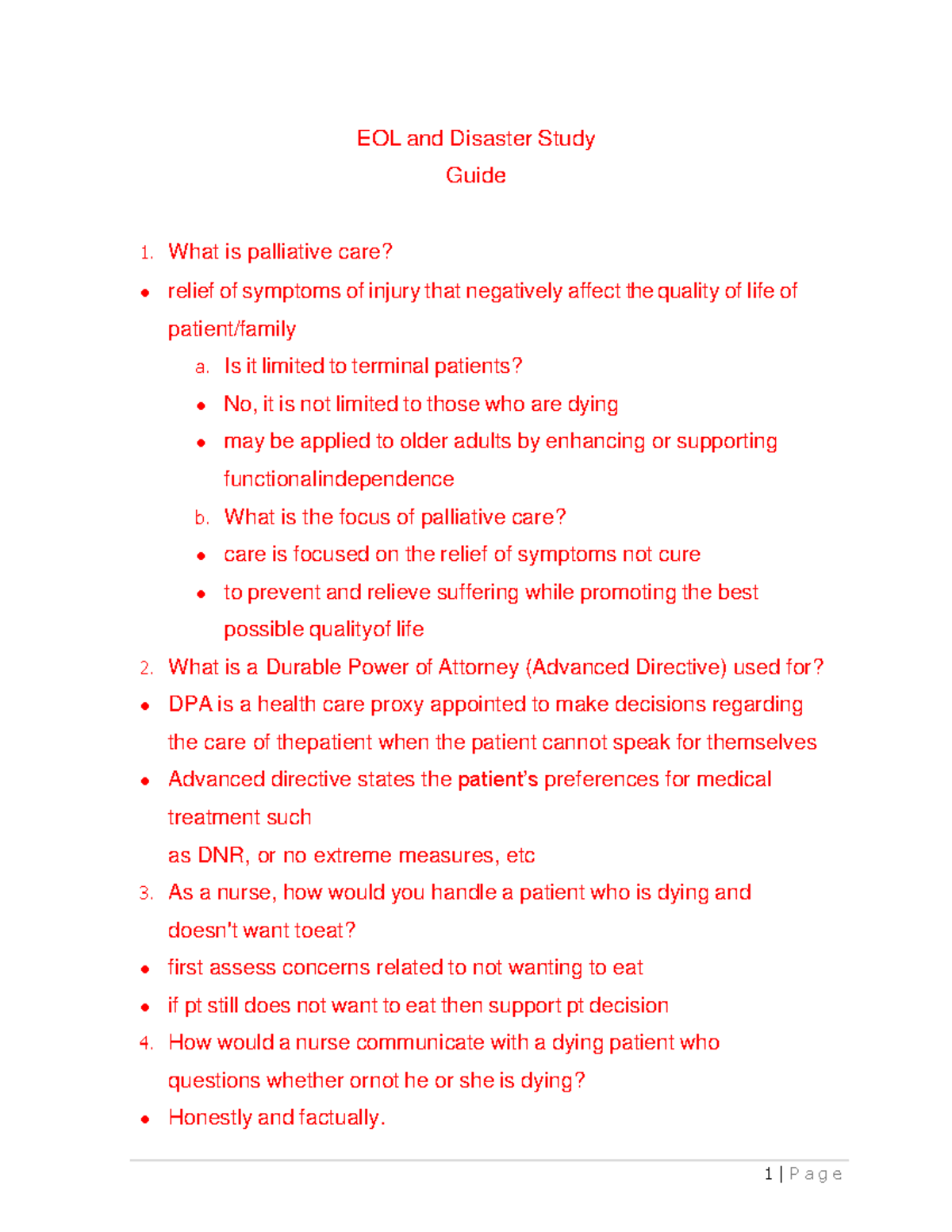 EOL and Disaster Study Guide - What is palliative care? relief of ...