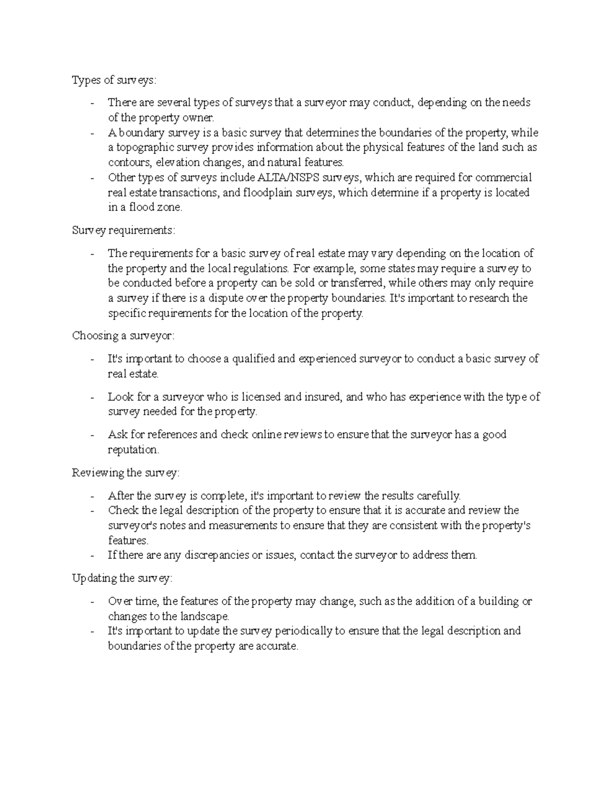 Survey OF REAL Estate Notes 2 - Types of surveys: There are several ...