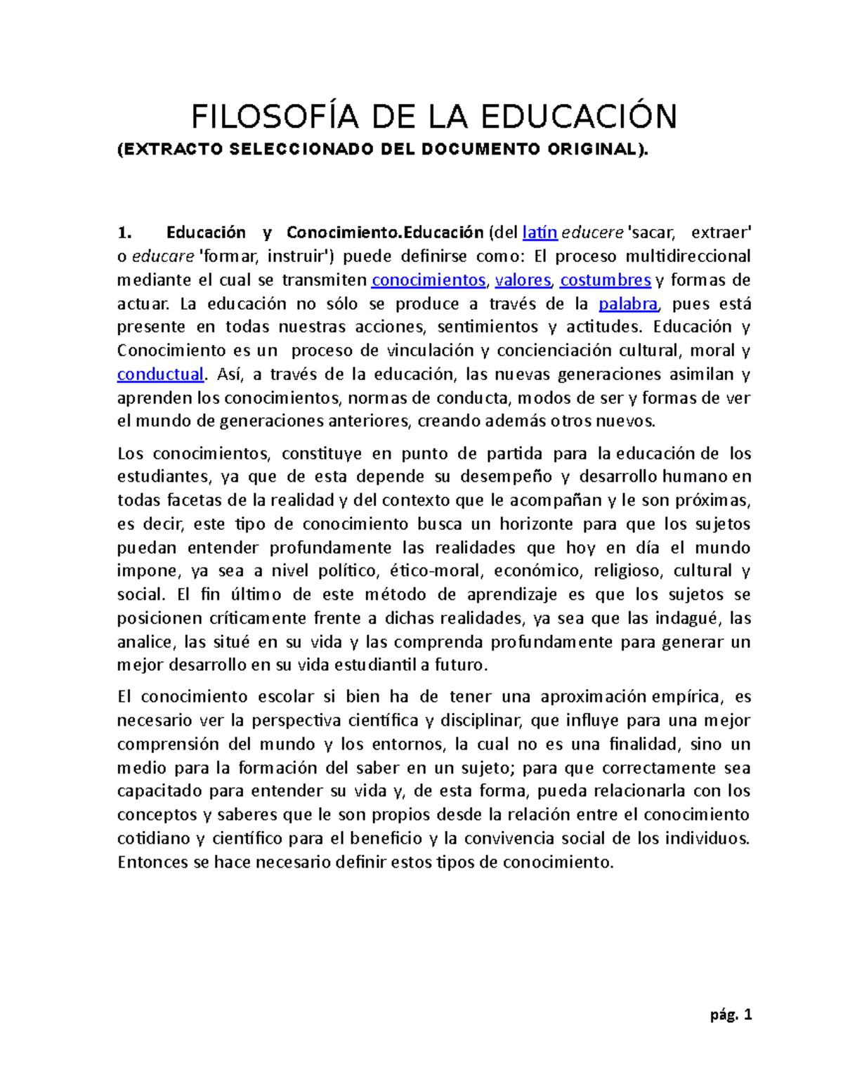 Filosofia DE LA EducacióN - FILOSOFÍA DE LA EDUCACIÓN (EXTRACTO ...