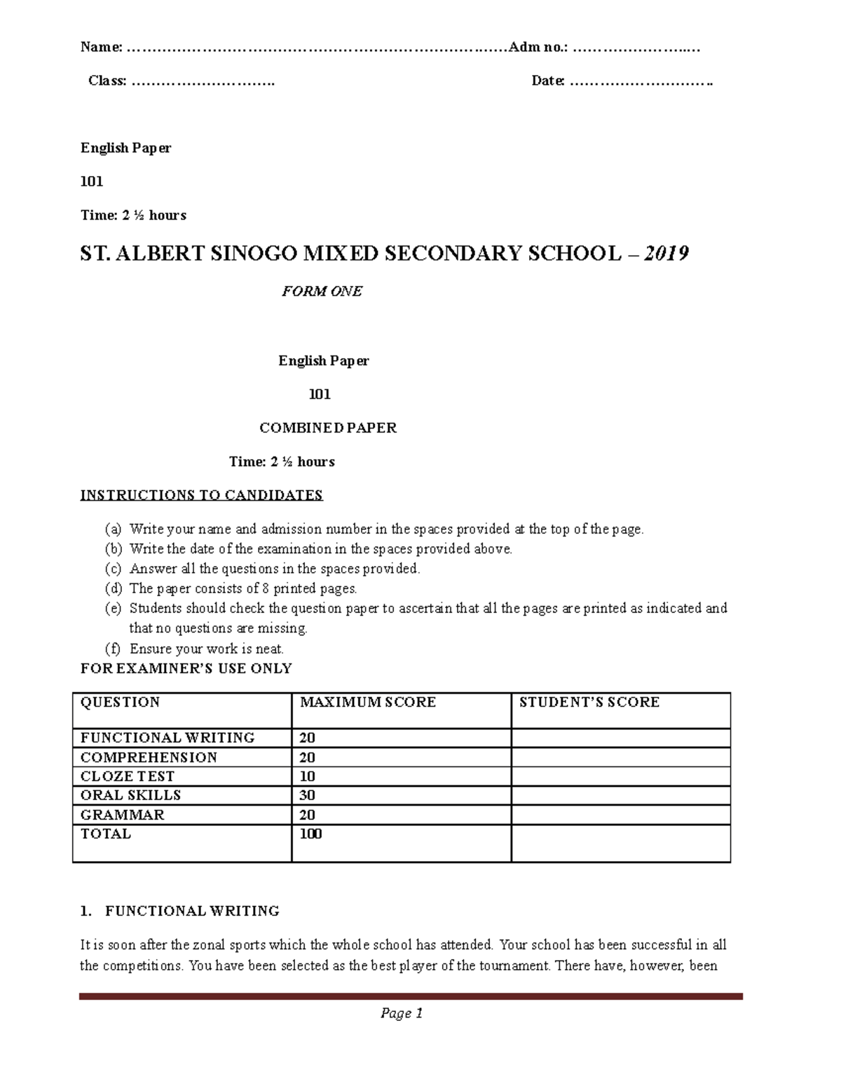 JUNE FORM 1 ENG QSNS-1 - assignment and short quizes - Name: - Studocu
