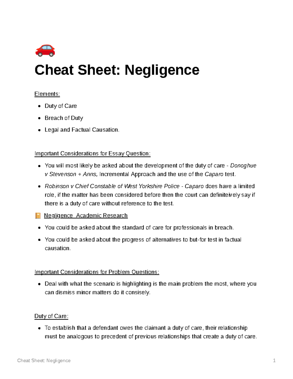 Negligence - 🚗 Cheat Sheet: Negligence Elements: Duty of Care Breach of ...