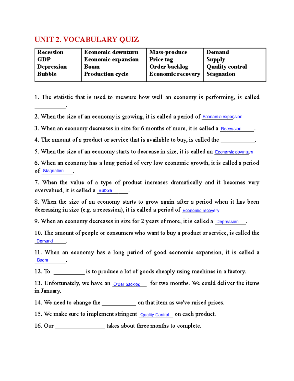 UNIT 2. Lesson 2 - UNIT 2. VOCABULARY QUIZ Recession GDP Depression ...