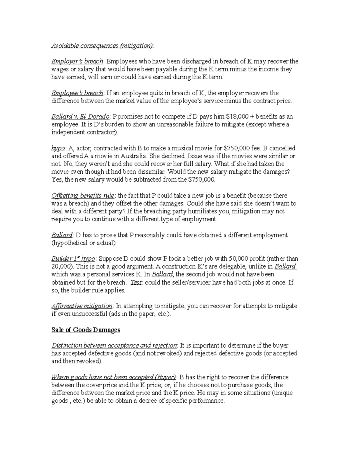 Contracts Law Outline - 3 - Avoidable consequences (mitigation ...