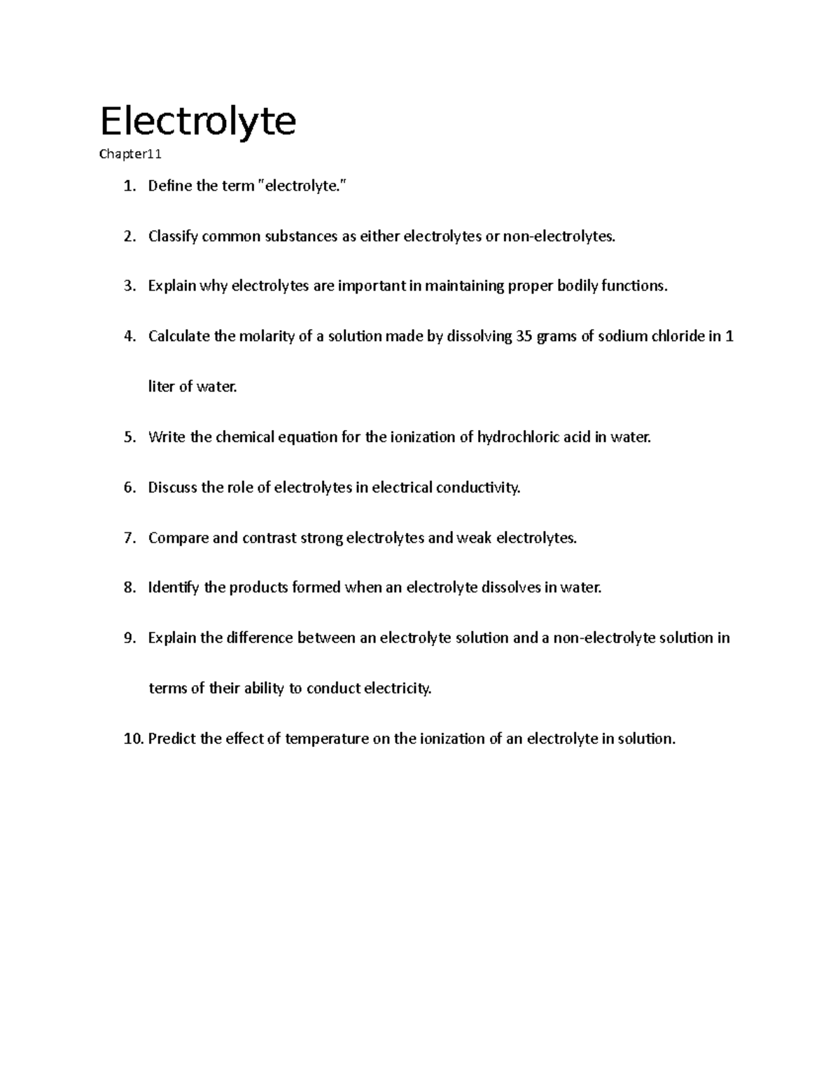 work sheet on theory behind Electrolyte-chemistry 1 - Electrolyte ...
