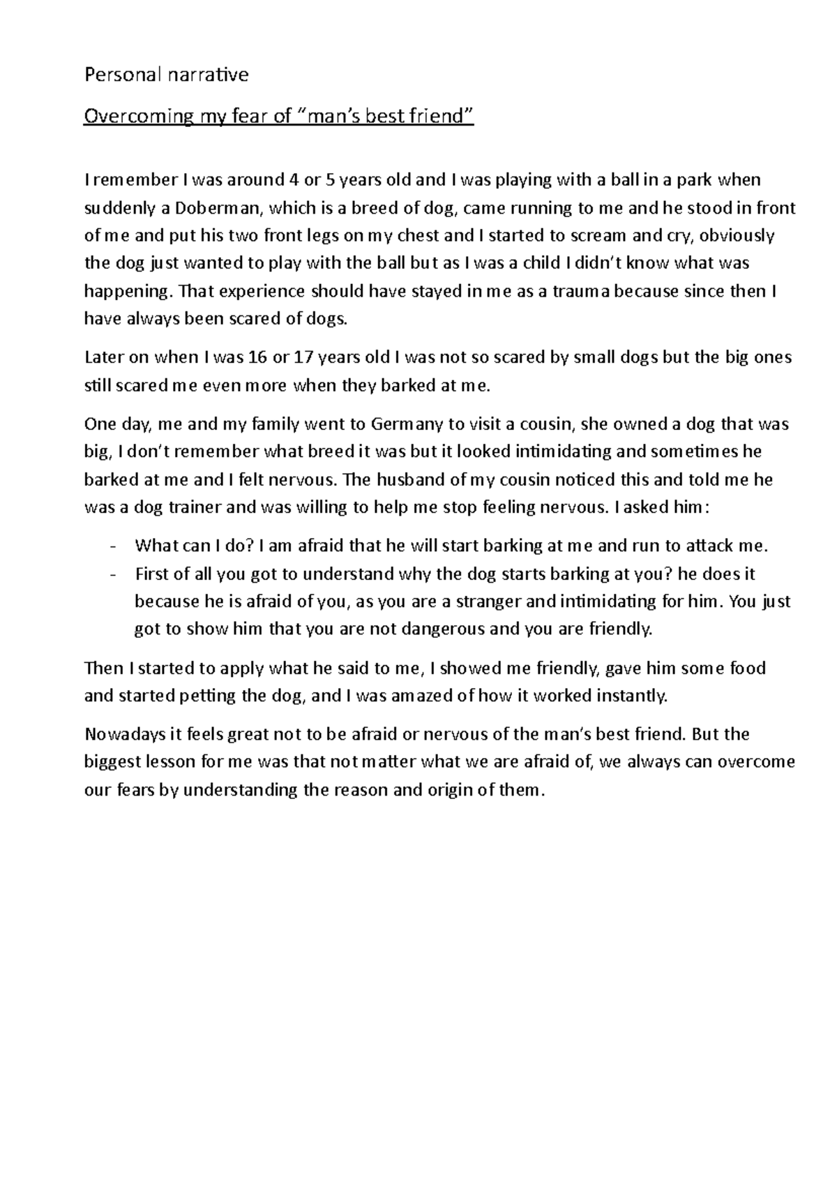 ENG5 assignment 2.1Personal narrative - Personal narrative Overcoming ...