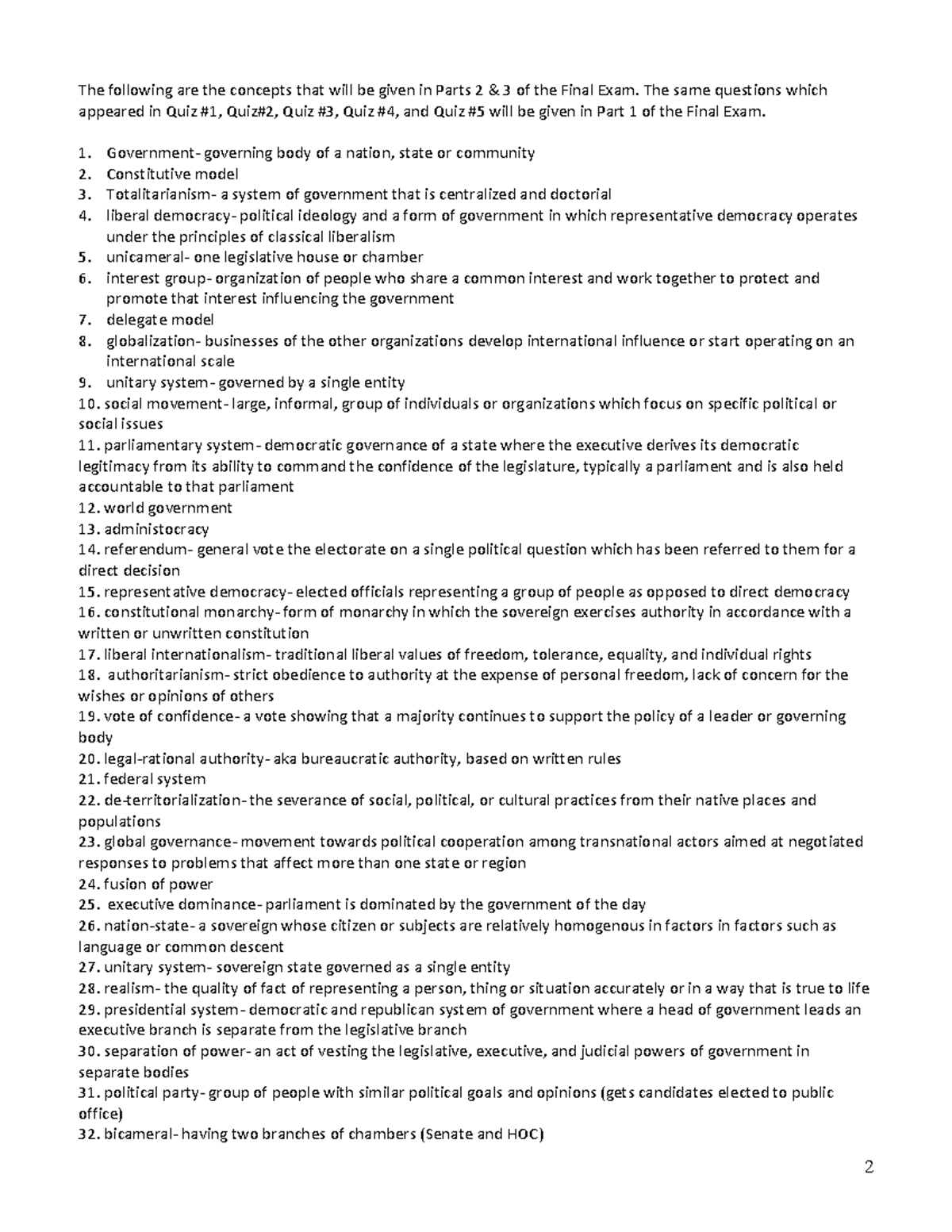 Final Exam Pointers - Lecture notes 3-12 - The following are the ...