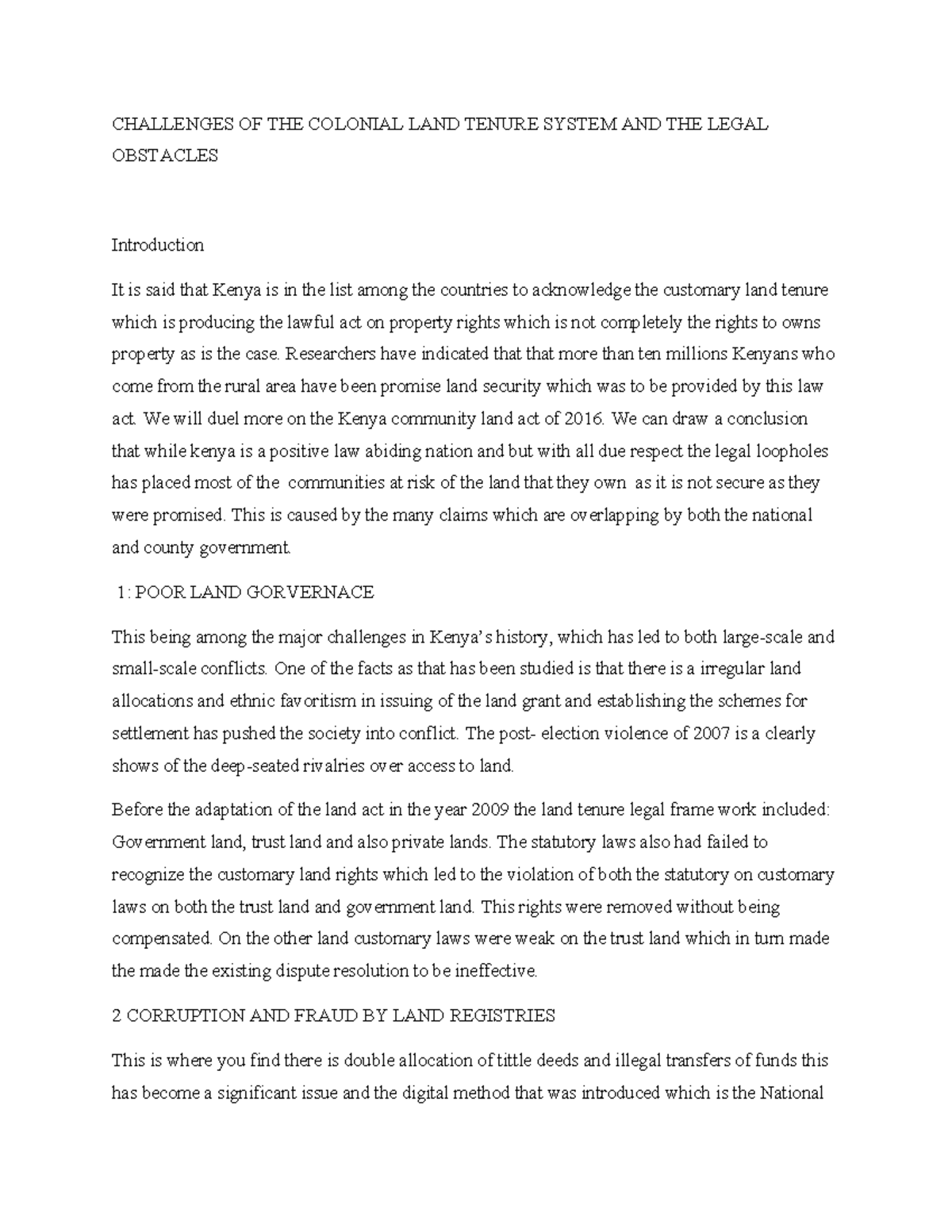 Challanges OF THE Colonial LAND Tenure System - CHALLENGES OF THE ...