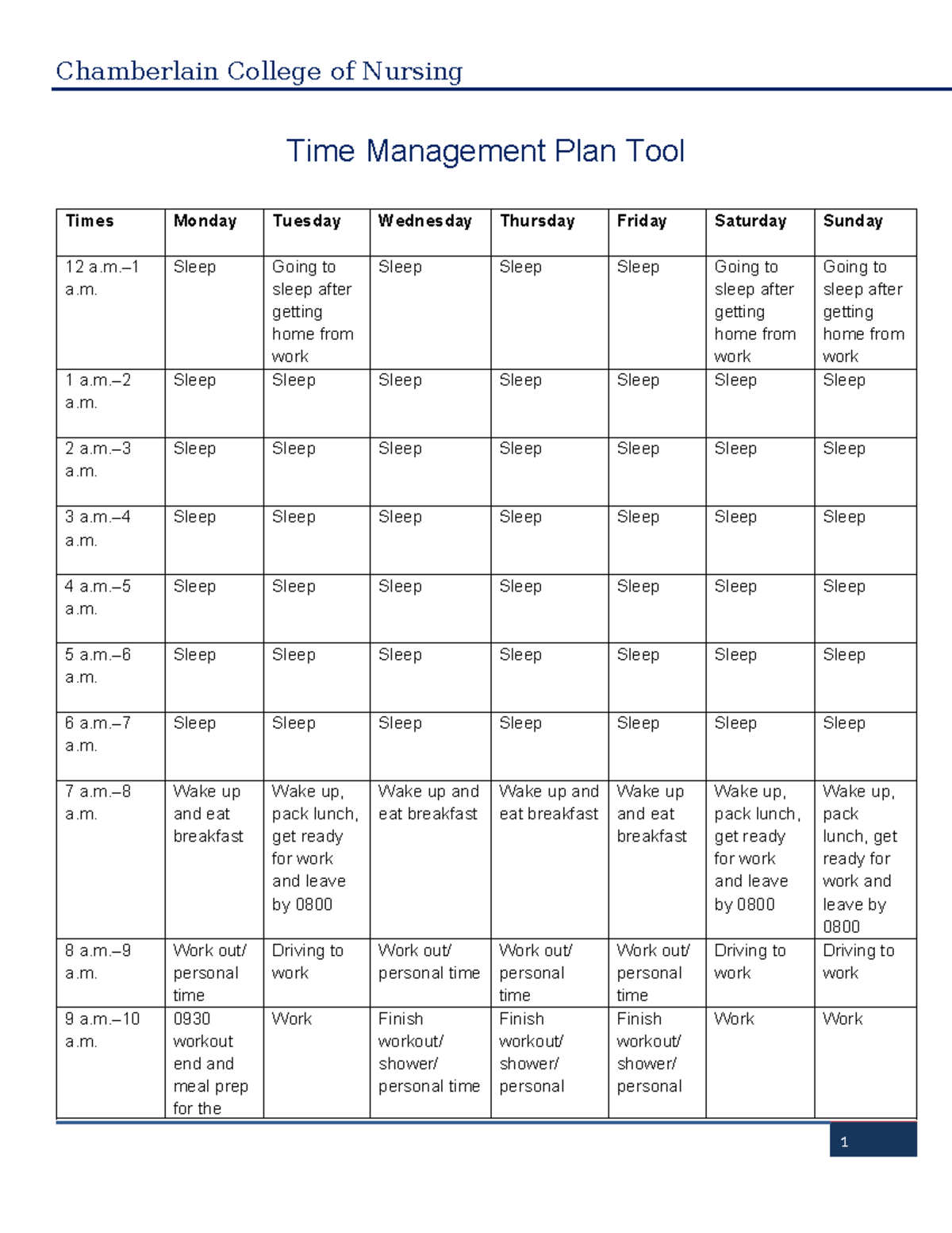 Week 3 Time Management Tool Assignment - Chamberlain College of Nursing ...