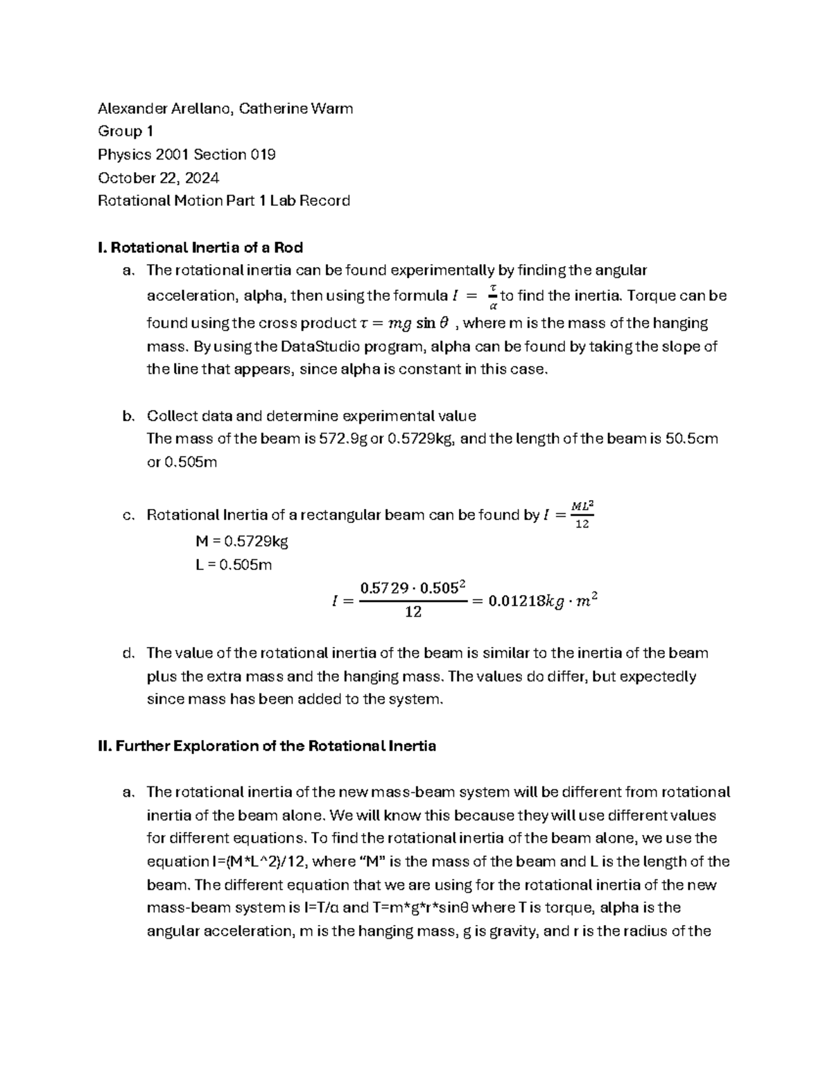 Lab 09 - HW - Alexander Arellano, Catherine Warm Group 1 Physics 2001 Section 019 October 22 ...