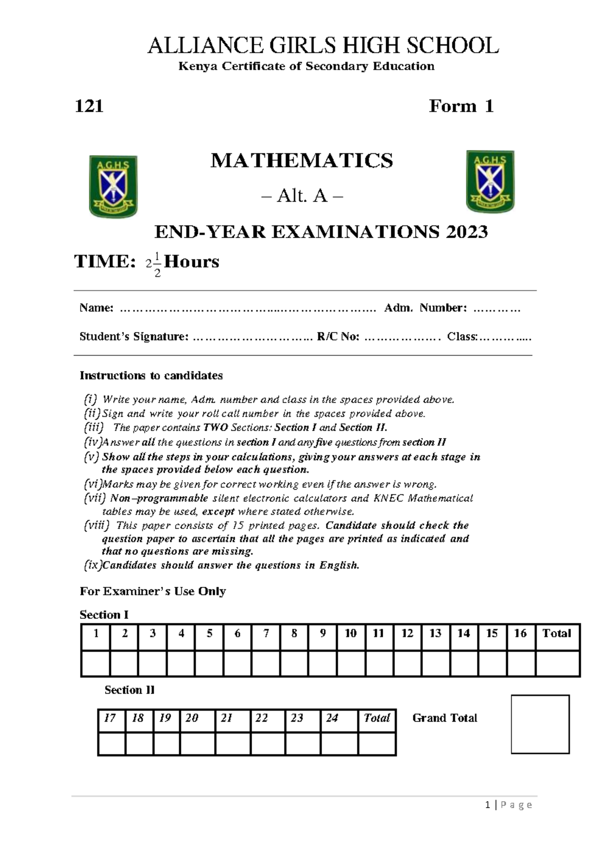 maths revision test - ALLIANCE GIRLS HIGH SCHOOL Kenya Certificate of ...