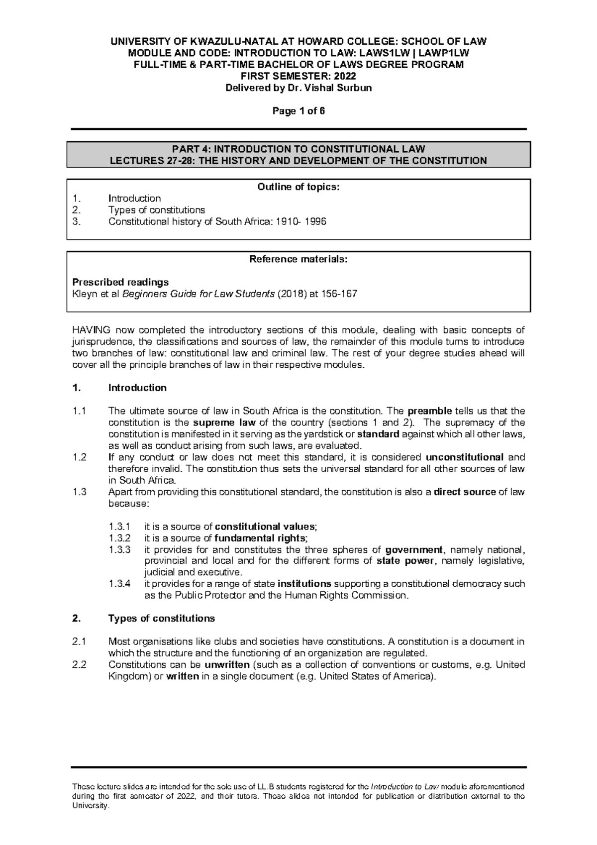PART 4 Lecture 27-28 - Introduction to Constitutional law - MODULE AND CODE: INTRODUCTION TO LAW ...