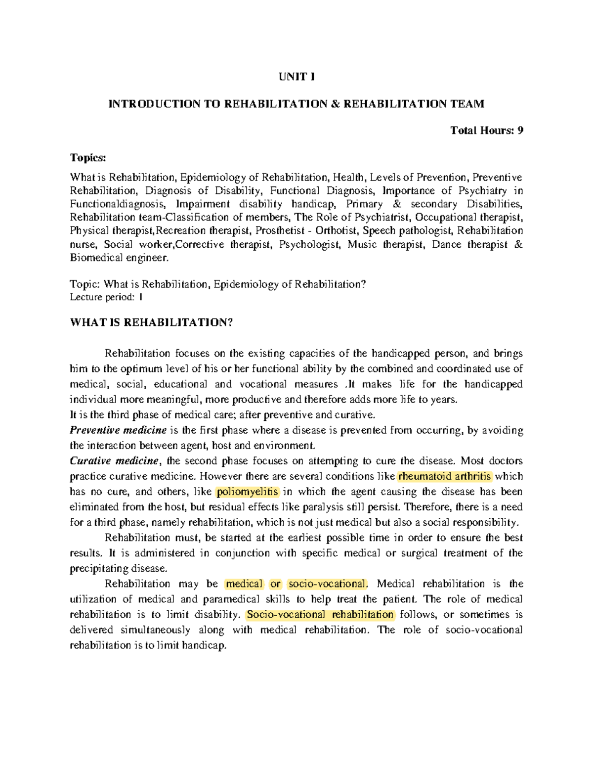 Rehabilitation engineering - UNIT I INTRODUCTION TO REHABILITATION ...