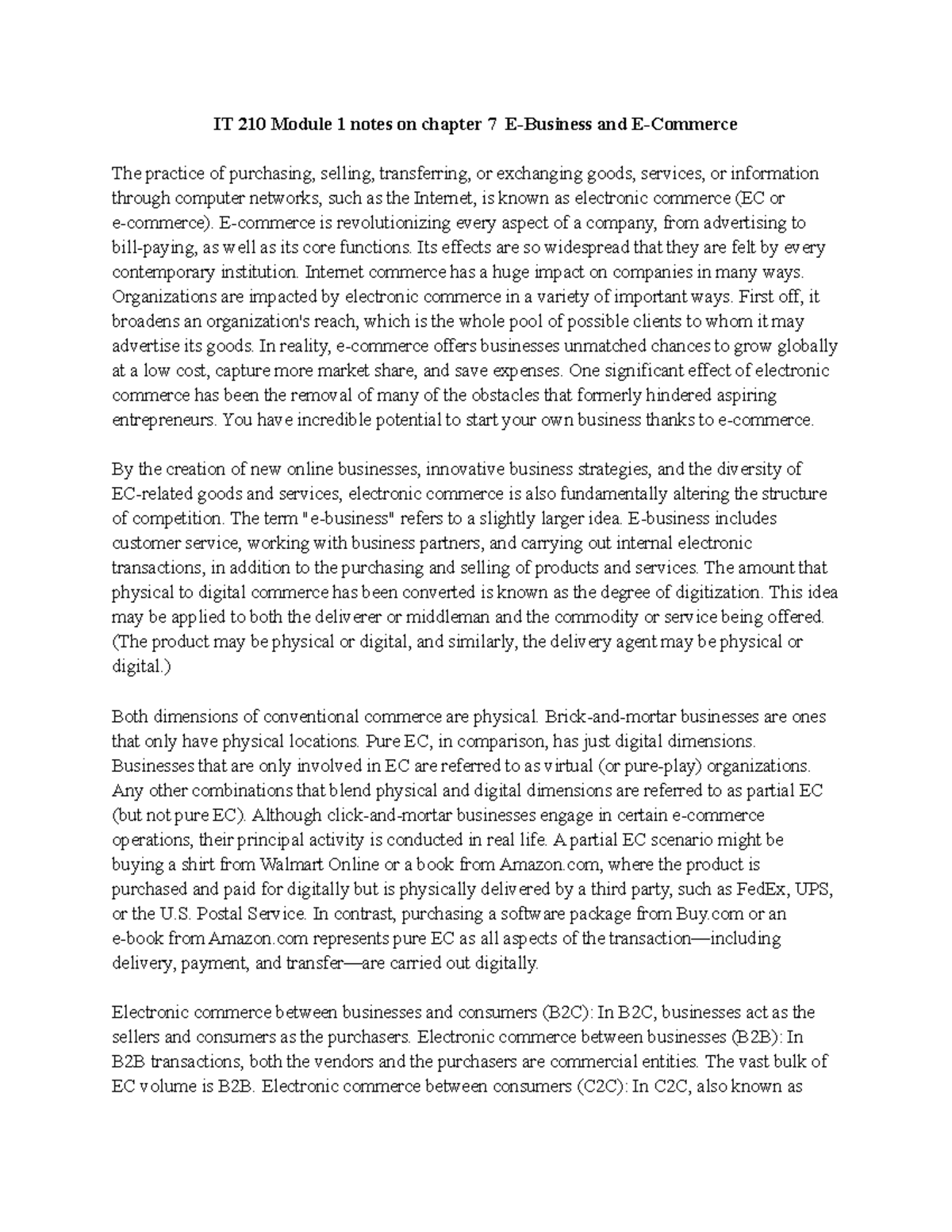 IT 210 Module 1 notes on chapter 7 E-Business and E-Commerce - IT 210 ...