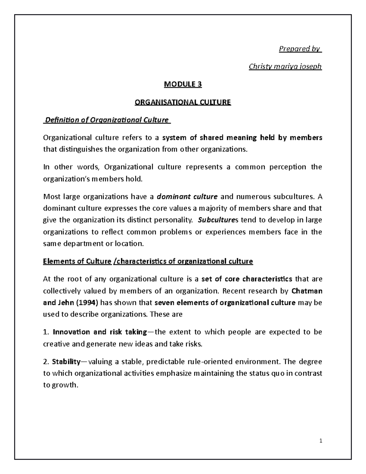 Organisational culture - Prepared by Christy mariya joseph MODULE 3 ...