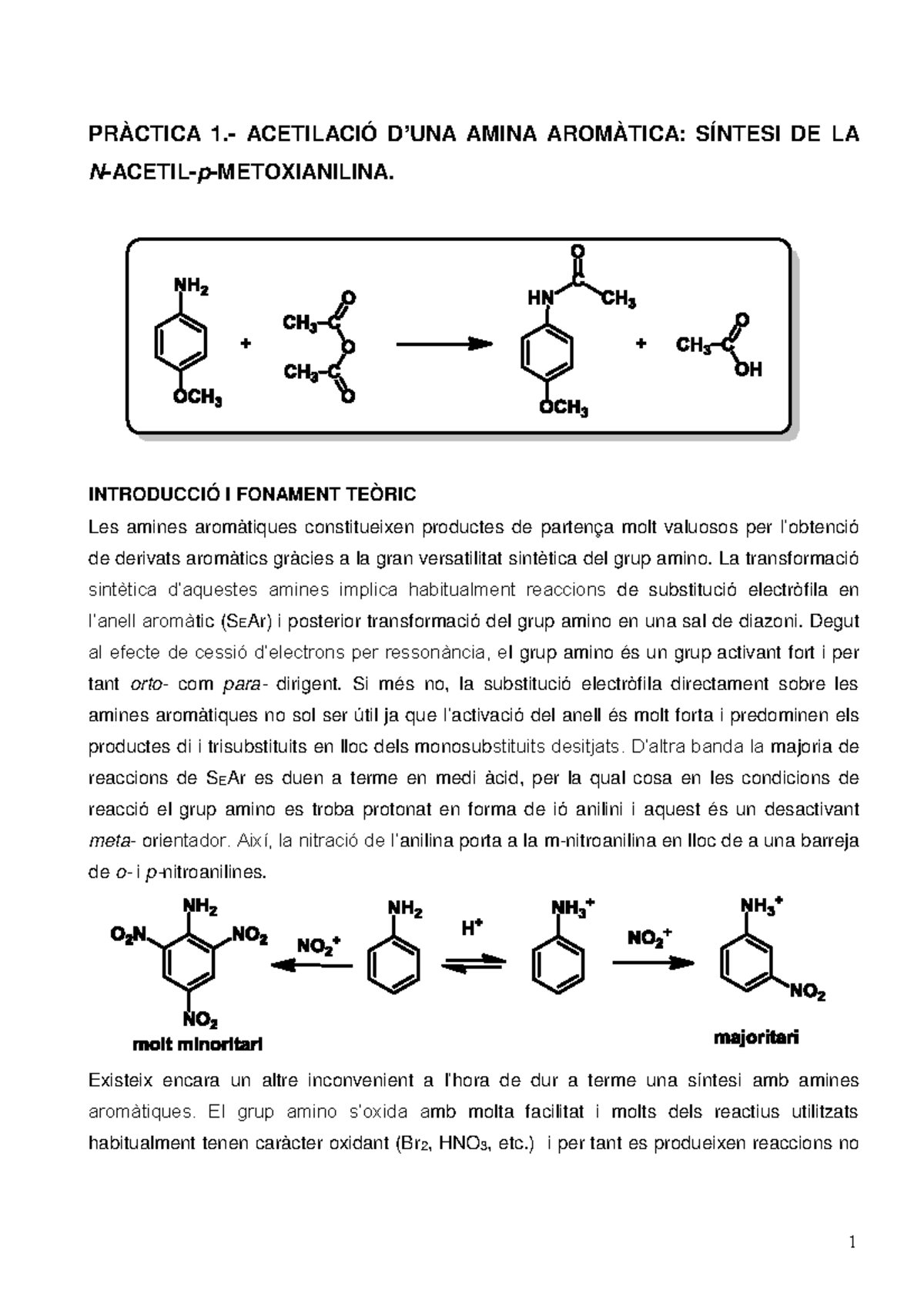 Pràctica 1 - PRÀCTICA 1.- ACETILACIÓ D’UNA AMINA AROMÀTICA: SÍNTESI DE ...